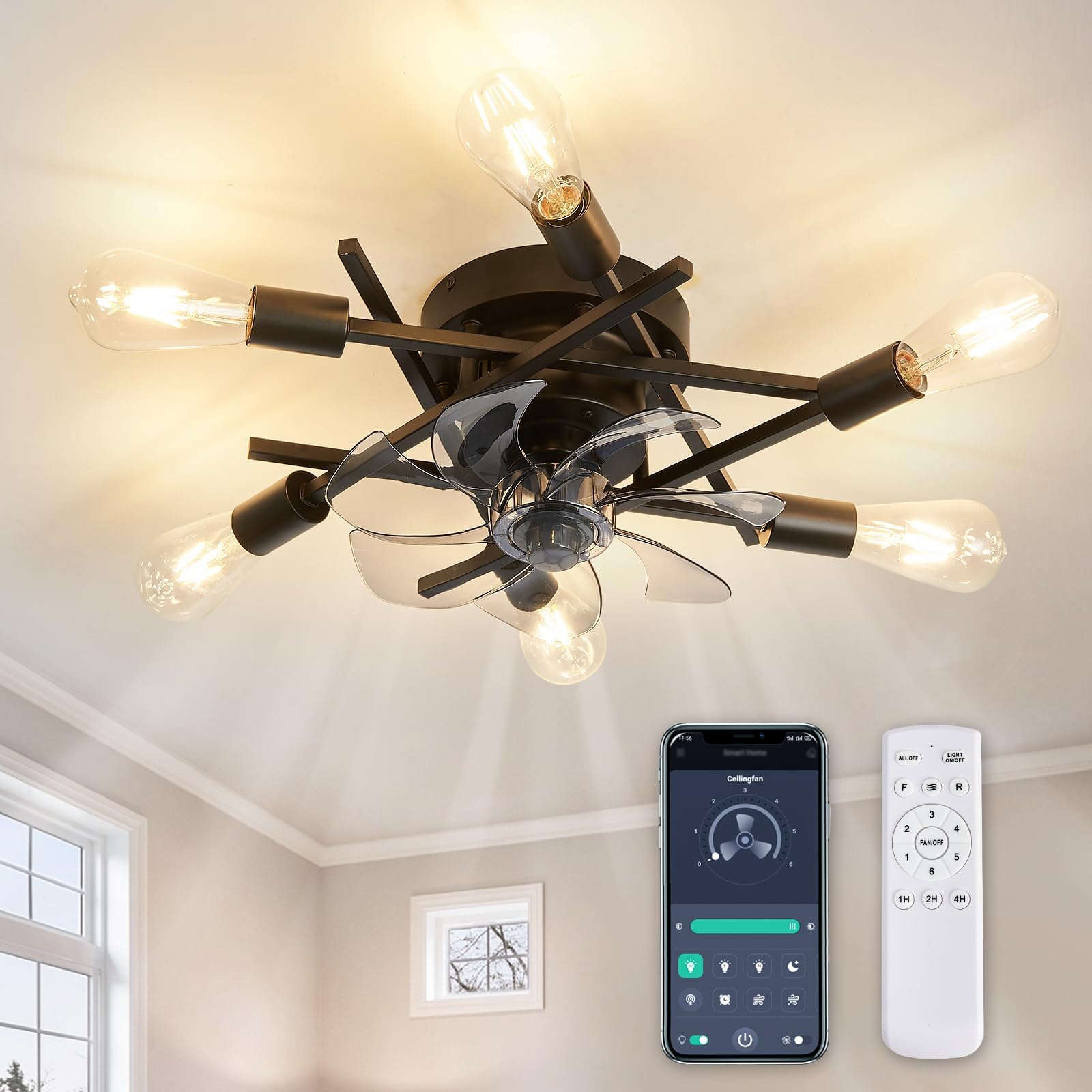 ASGYISA Modern Black Matte Ceiling Fan with Light Industrial 6 Lights ...