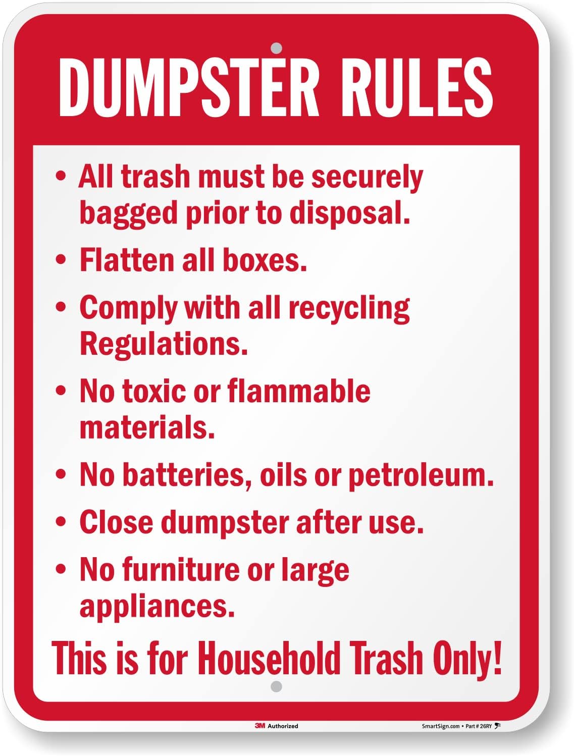 Amazon.com: Dumpster Rules Sign, 10x14 Inches, Rust Free .040 Aluminum ...