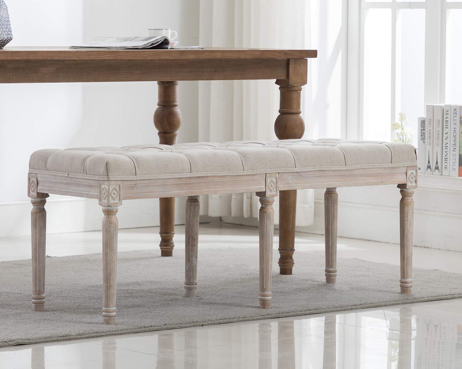 DUOMAY Tufted Dining Bench, French Vintage Fabric Upholstered Wood ...