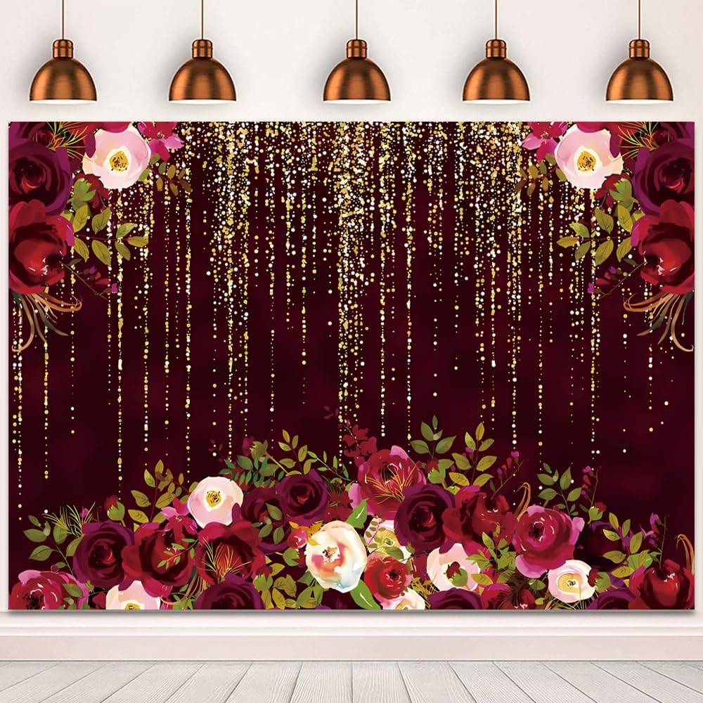 Amazon.com : 7x5ft Burgundy Red Flowers Wedding Shower Backdrop for ...