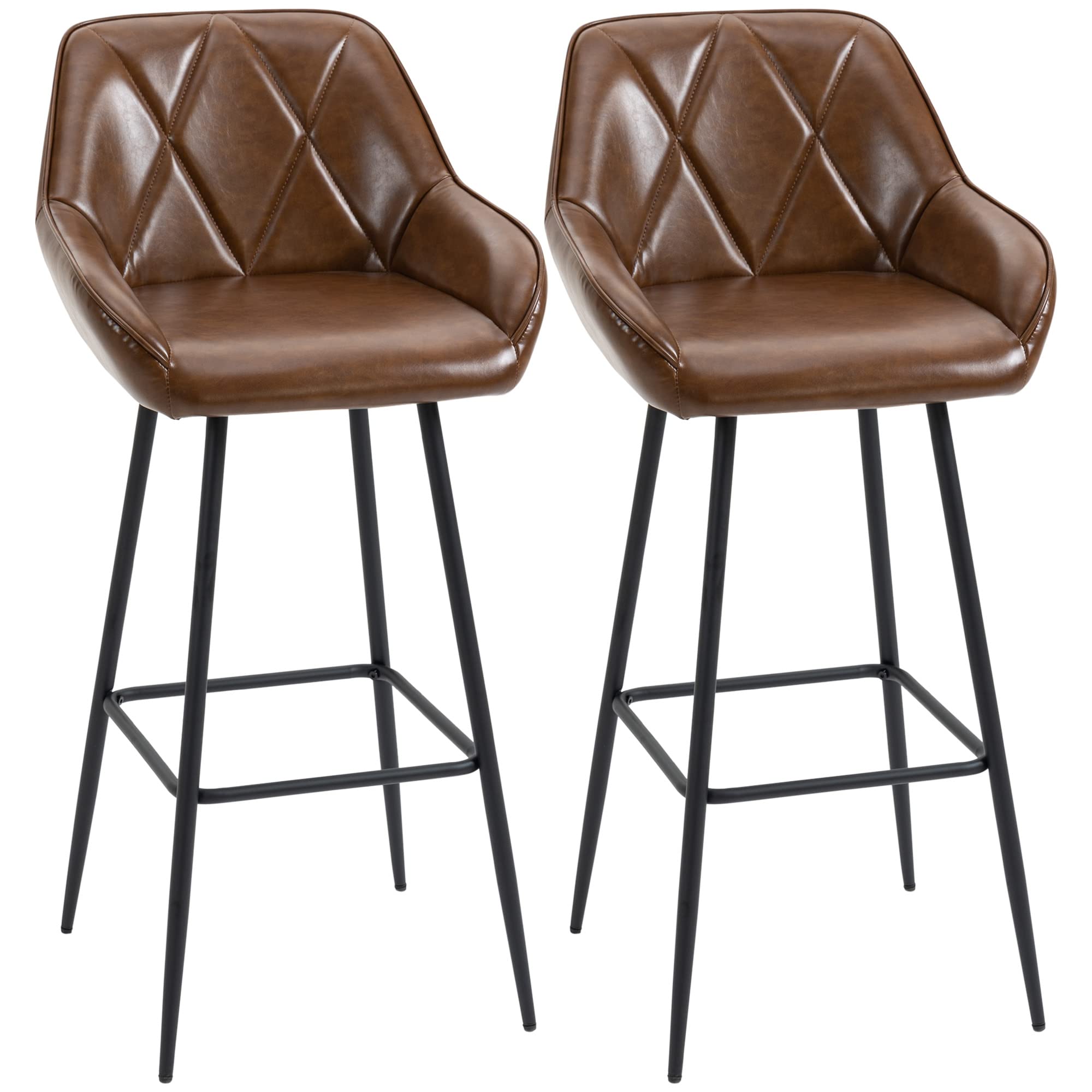 HOMCOM Retro Bar Stools Set of 2, Breakfast Bar Chairs with Footrest ...