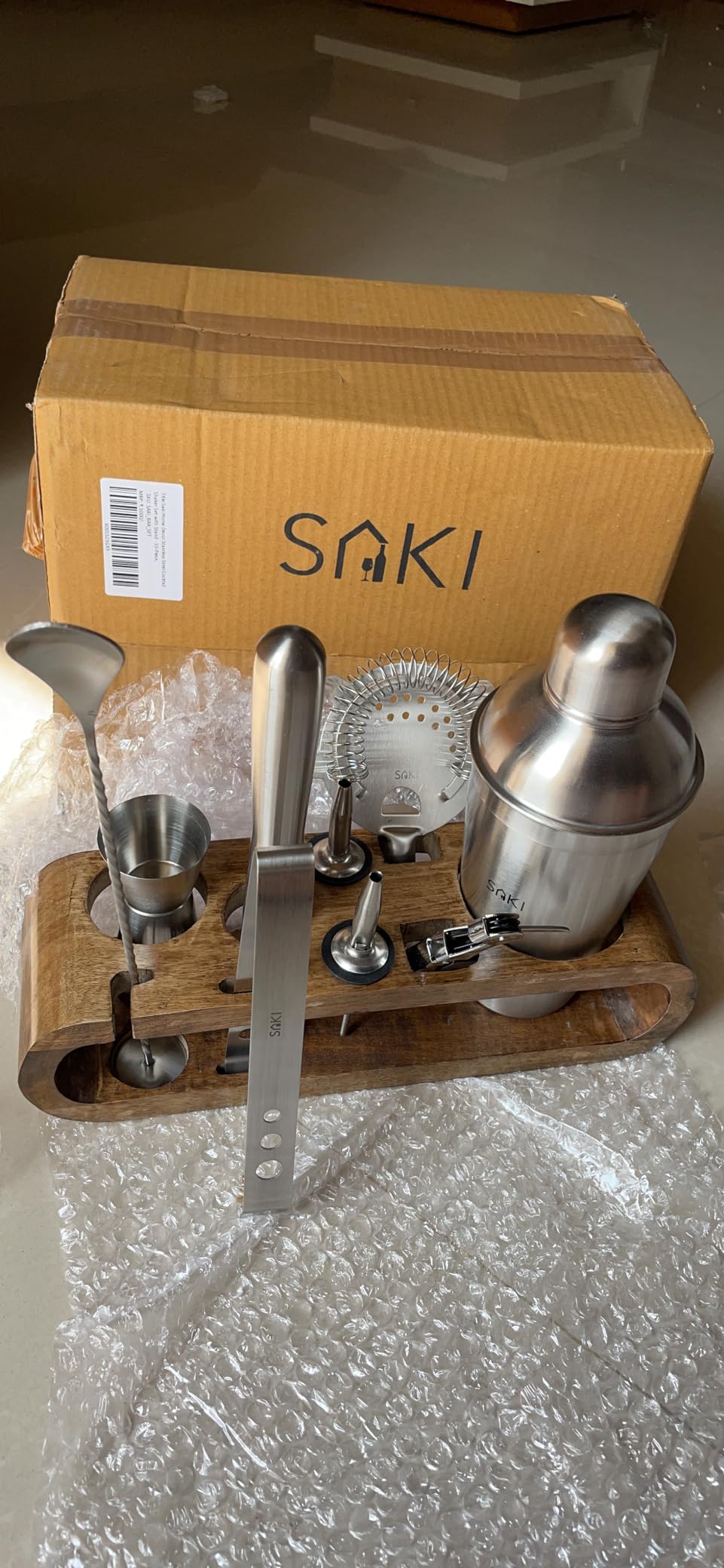 Buy Saki Home Decor Cocktail Shaker Gift Set with Wooden Stand- 10 ...