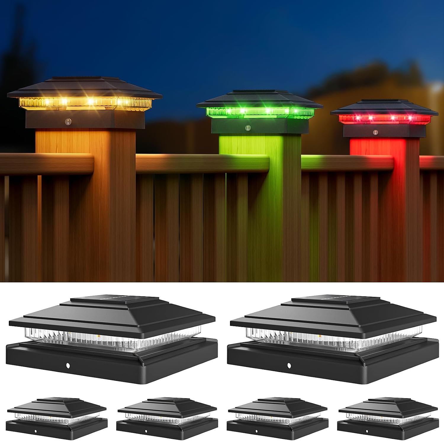 APONUO Solar Post Cap Lights Color Changing 6 Pack - RGB 8 Solid ...