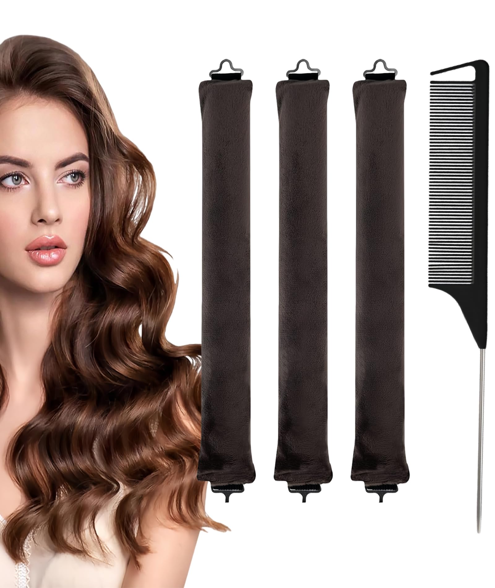 3 Pcs Heatless Hair Curler, And 1 Tail Comb, Flexible Curling Rod with ...