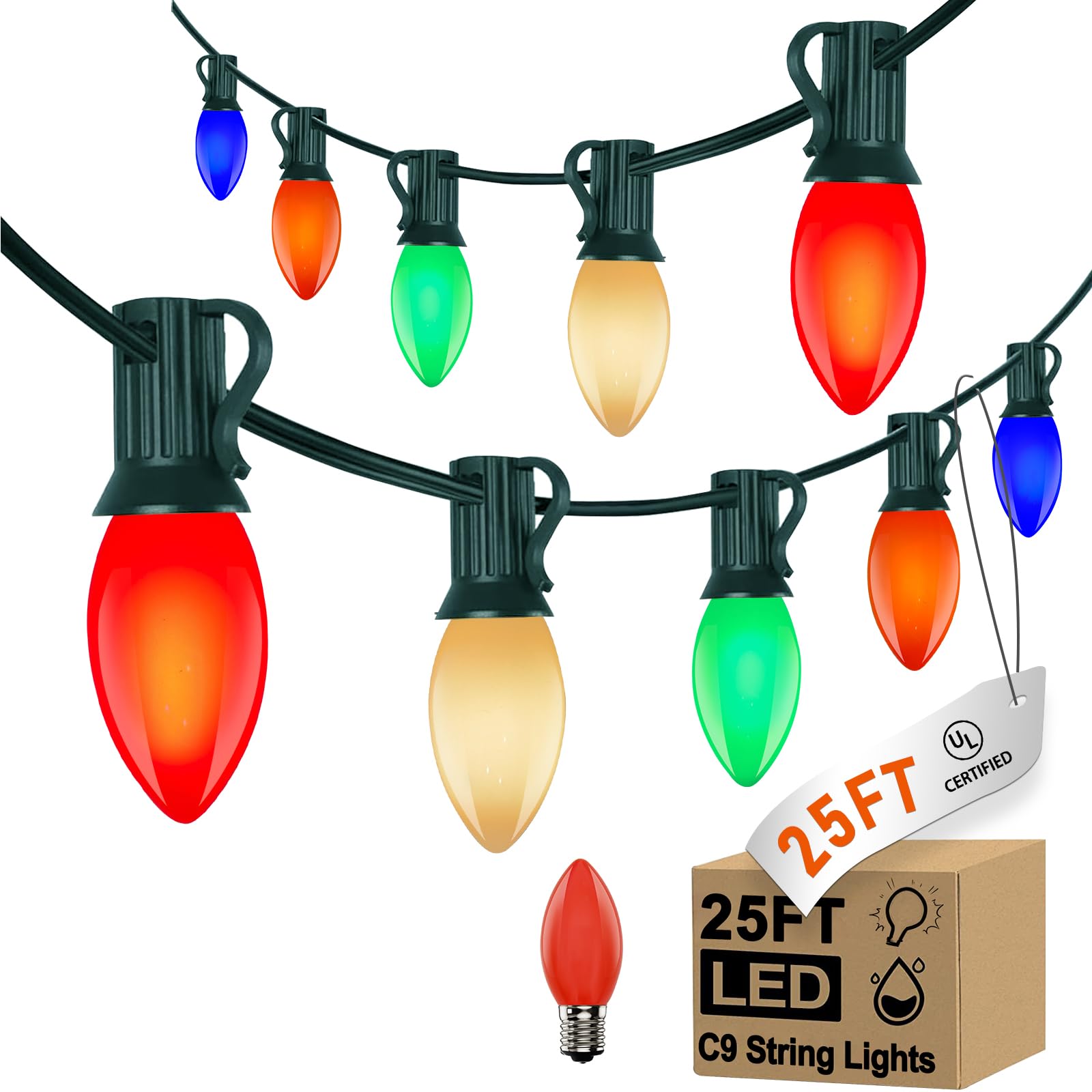 25FT C9 Christmas Lights Outdoor,Vintage Christmas Lights with 26 C9 ...