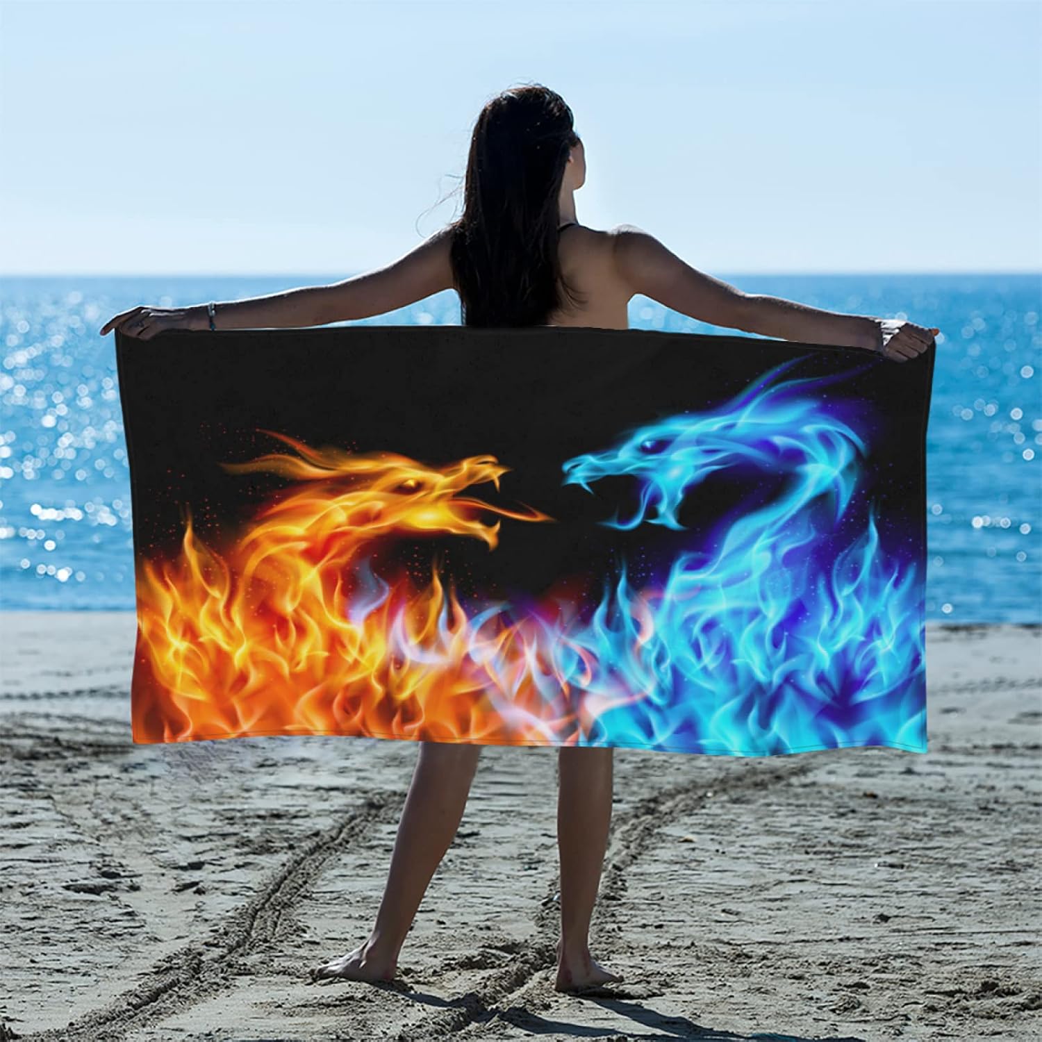 Amazon.com: Funky Qiu Beach Towel Abstract Fire Ice Dragon, Microfiber ...