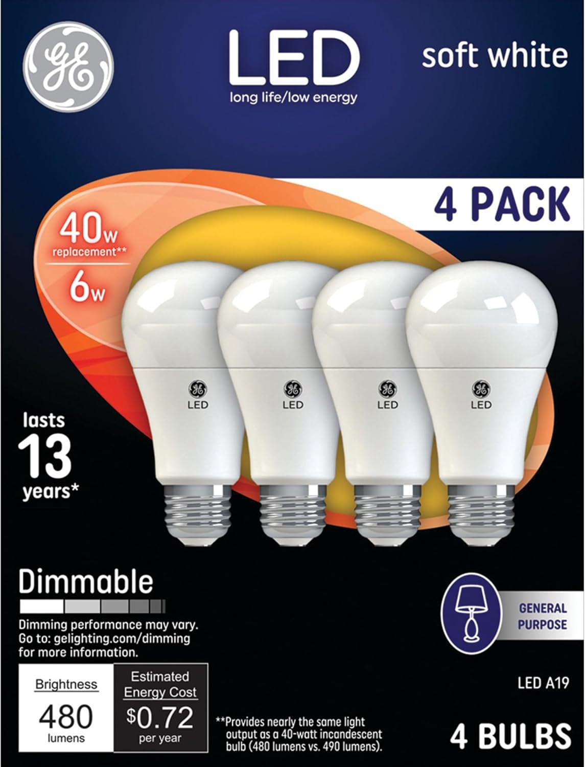 Amazon.com: GE LED Light Bulbs, 40 Watt, Soft White, A19 (4 Pack ...