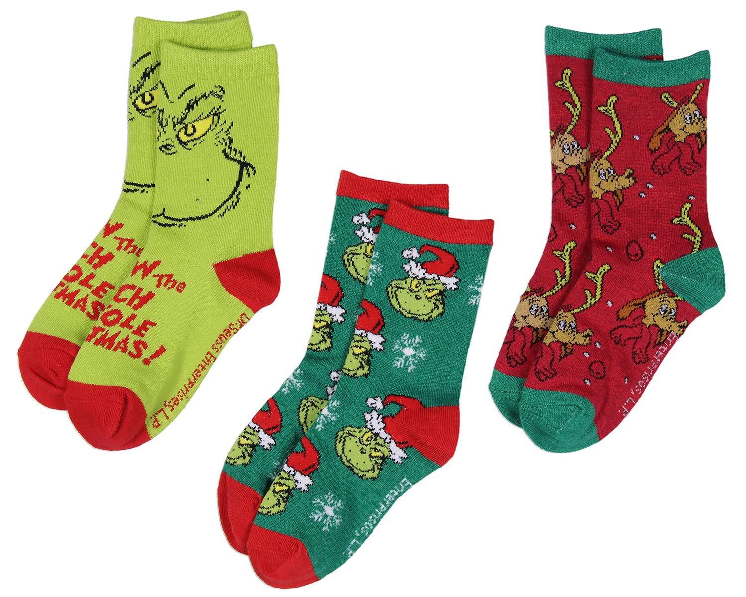 Amazon.com: Dr. Seuss GRINCH Kids 3 Pairs Multi-Design Crew Socks For ...