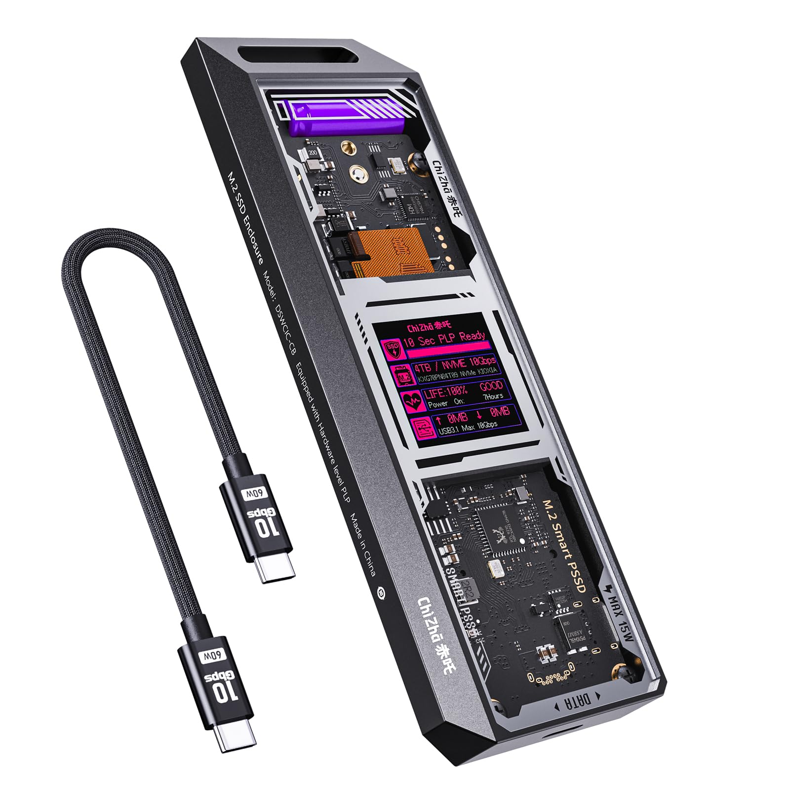 Chizha Smart SSD Enclosure, 10s PLP Prevents Write Data Loss, NVMe M.2 ...