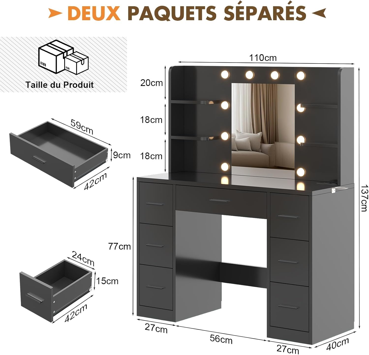 Devoko Dressing Table with Mirror, LED Lighting and Power Socket, 3 ...