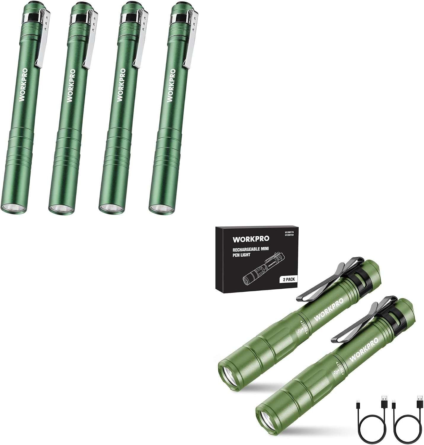WORKPRO 2 Pack Rechargeable Pen Light & 4 Pack Pen Light (Batteries ...