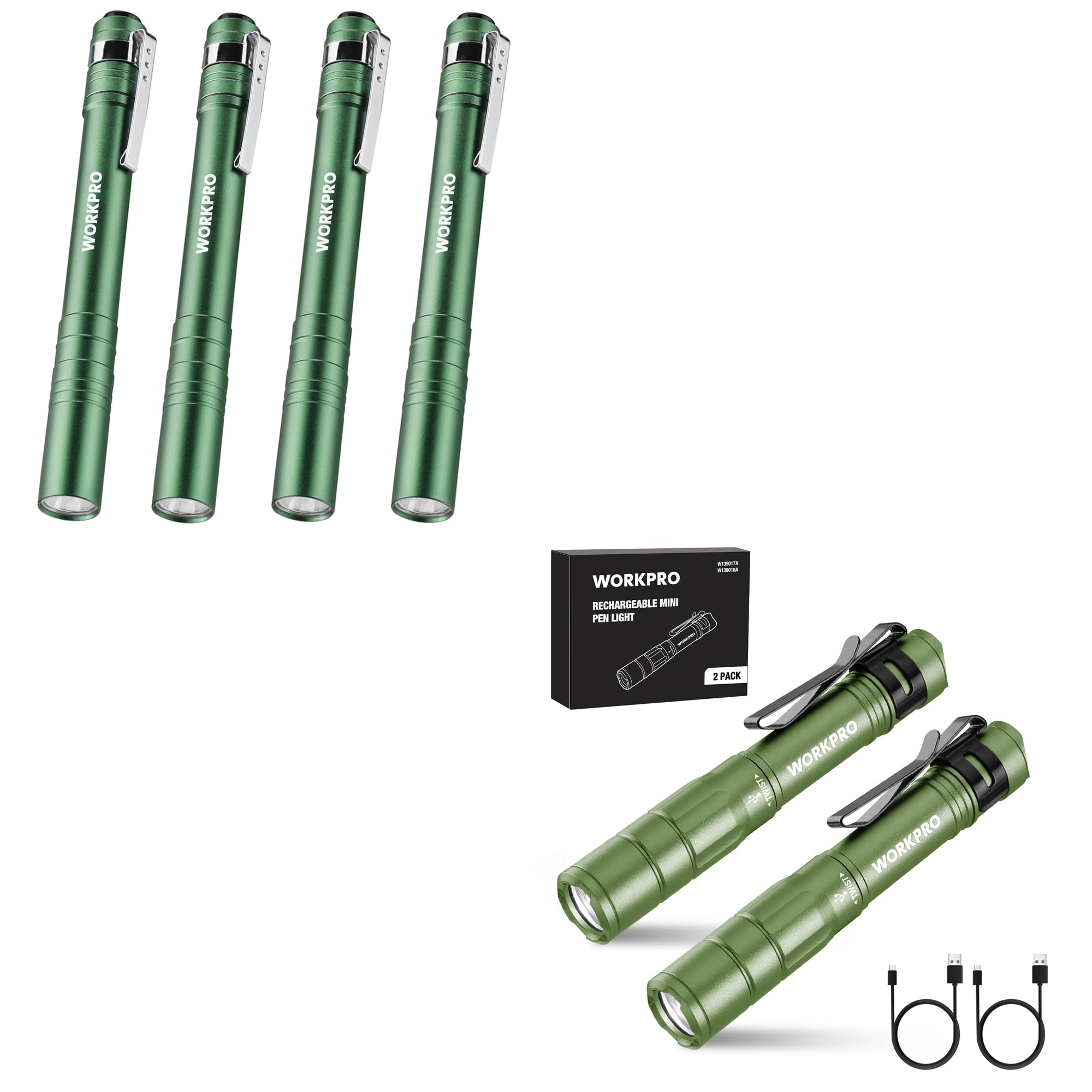 WORKPRO 2 Pack Rechargeable Pen Light & 4 Pack Pen Light (Batteries ...