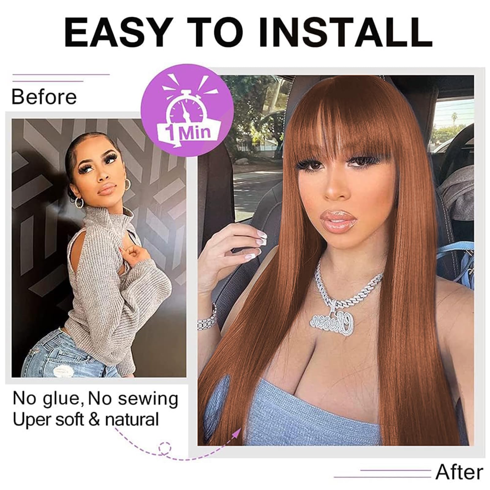 #4 Chocolate Brown Straight Glueless Human Hair Wig with Bangs,2X4 180 ...