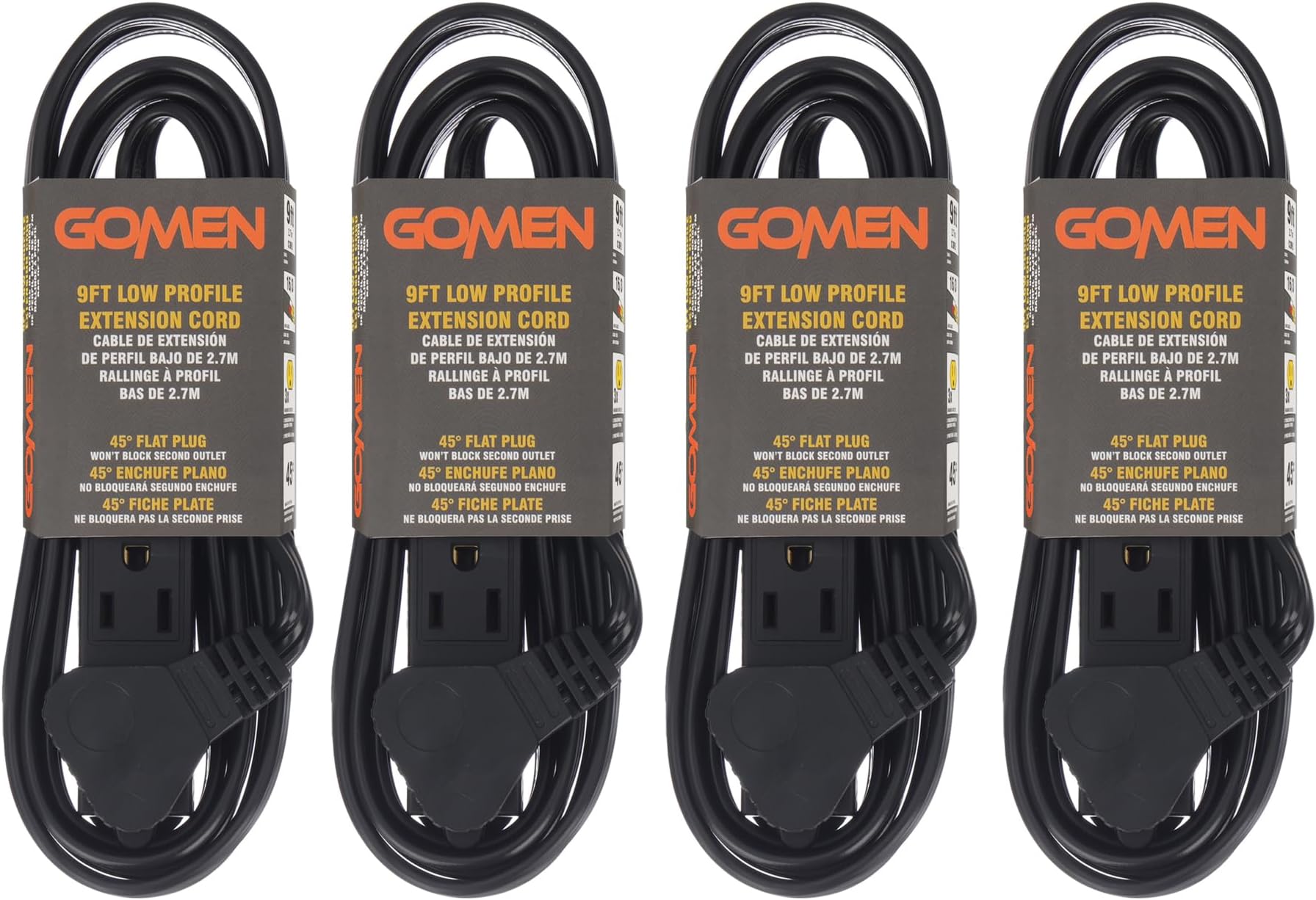 GOMEN 9 Feet Indoor Extension Cord with 3 Outlets, AWG 16/3 Angled Flat ...