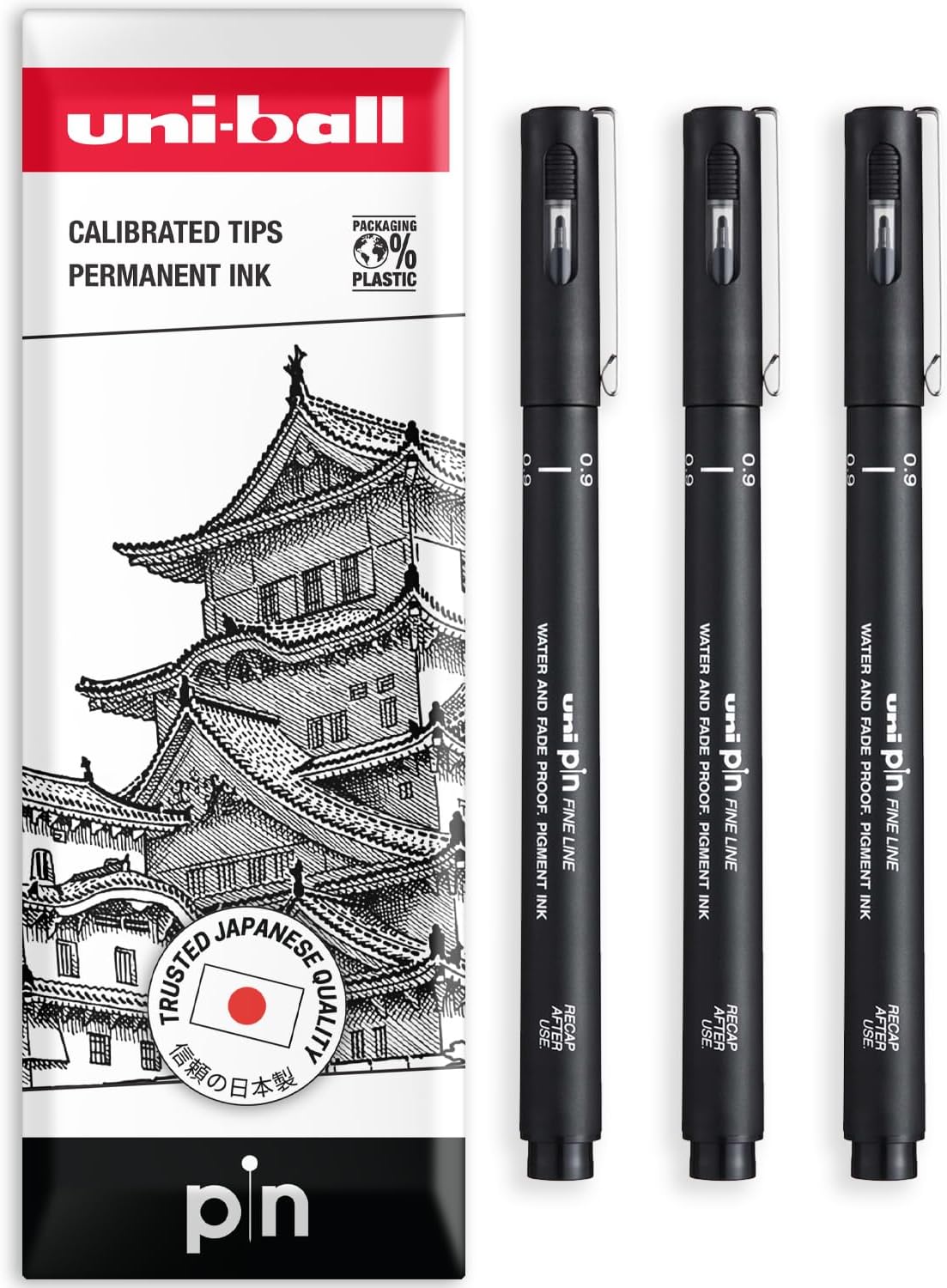 Uni Pin Fineliner Drawing Pen - Black Ink - 0.9mm Nib - Pack of 3 in ...