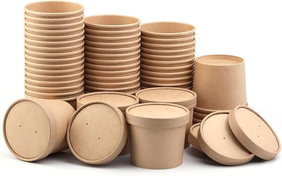 CaterCo Disposable Kraft Soup Containers with Lids (12oz / 340ml - 50 ...