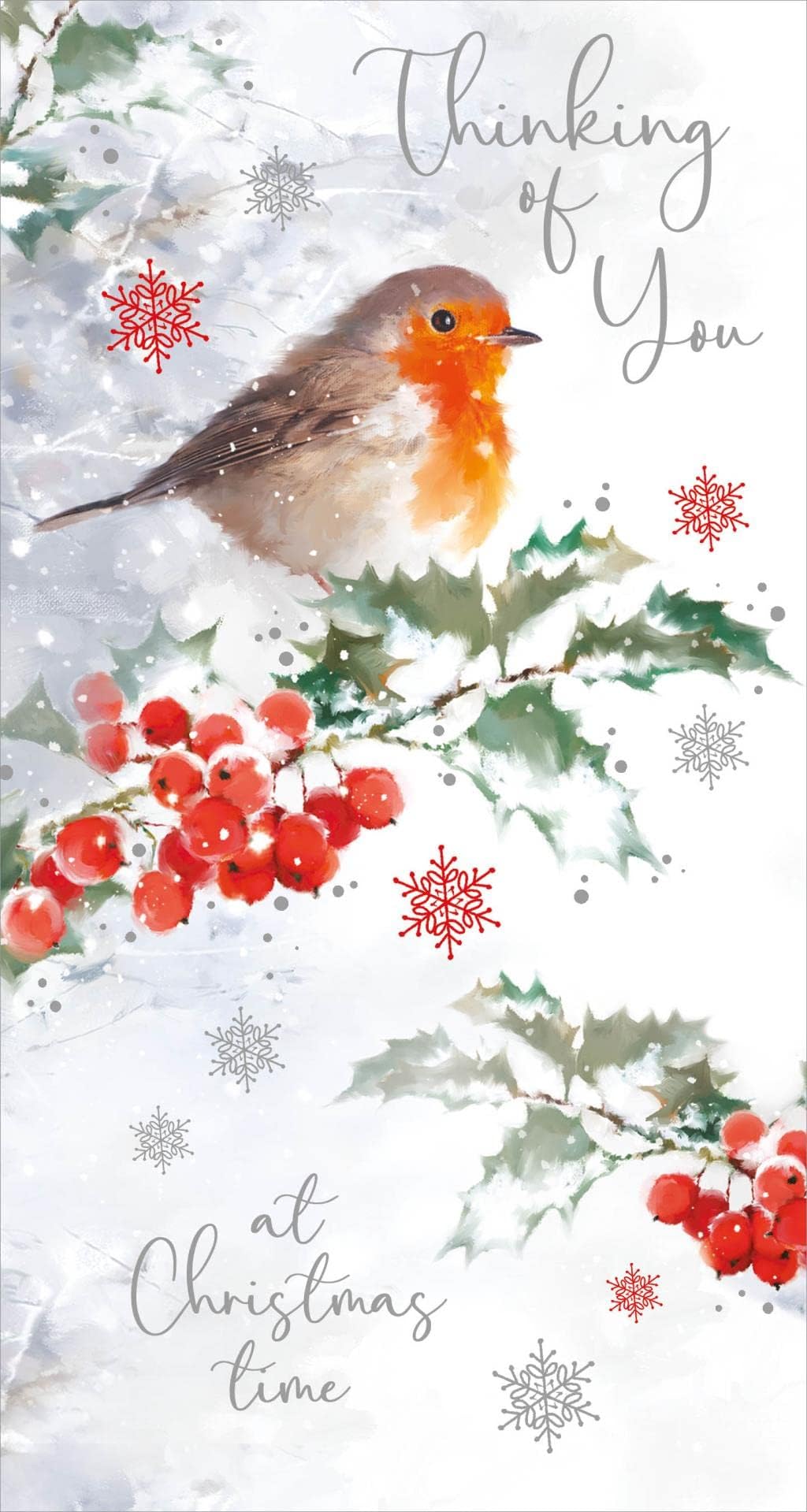 Thinking of You Christmas Card - Robins, Tree Branches & Silver Foil 7 ...