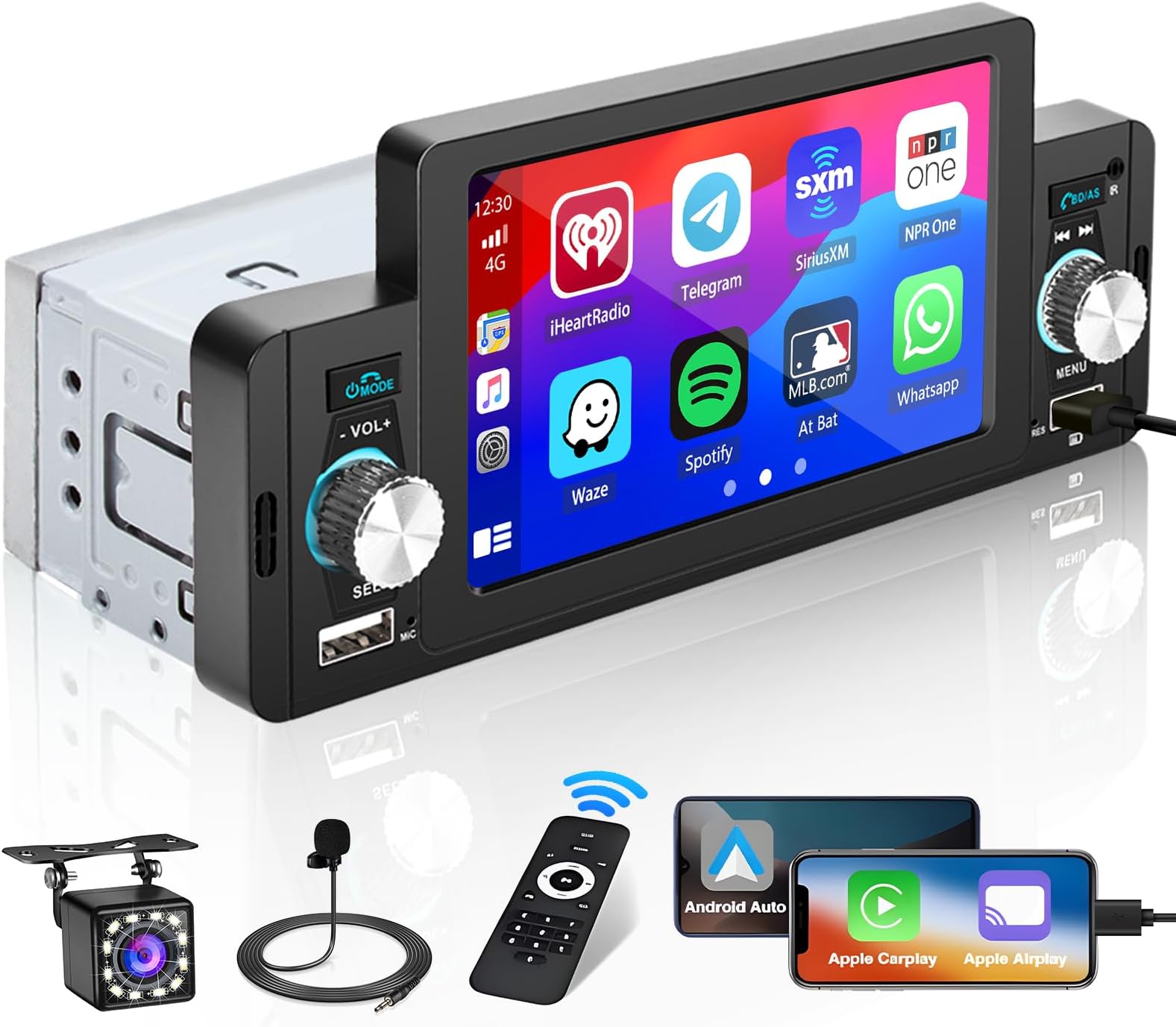 Hikity Autoradio 1 Din CarPlay Android Auto Radio 5 Pouces Touchscreen ...