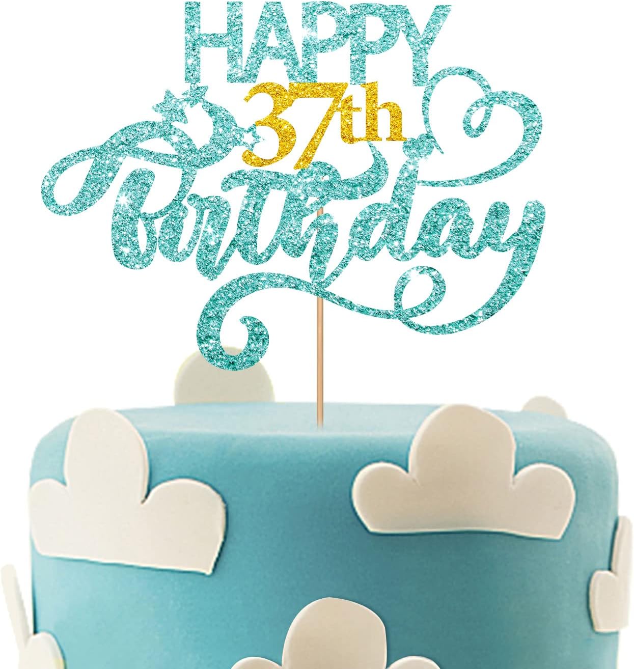 Amazon.com: Sky Blue Glitter Happy 37th Birthday Cake Topper, Thirty ...