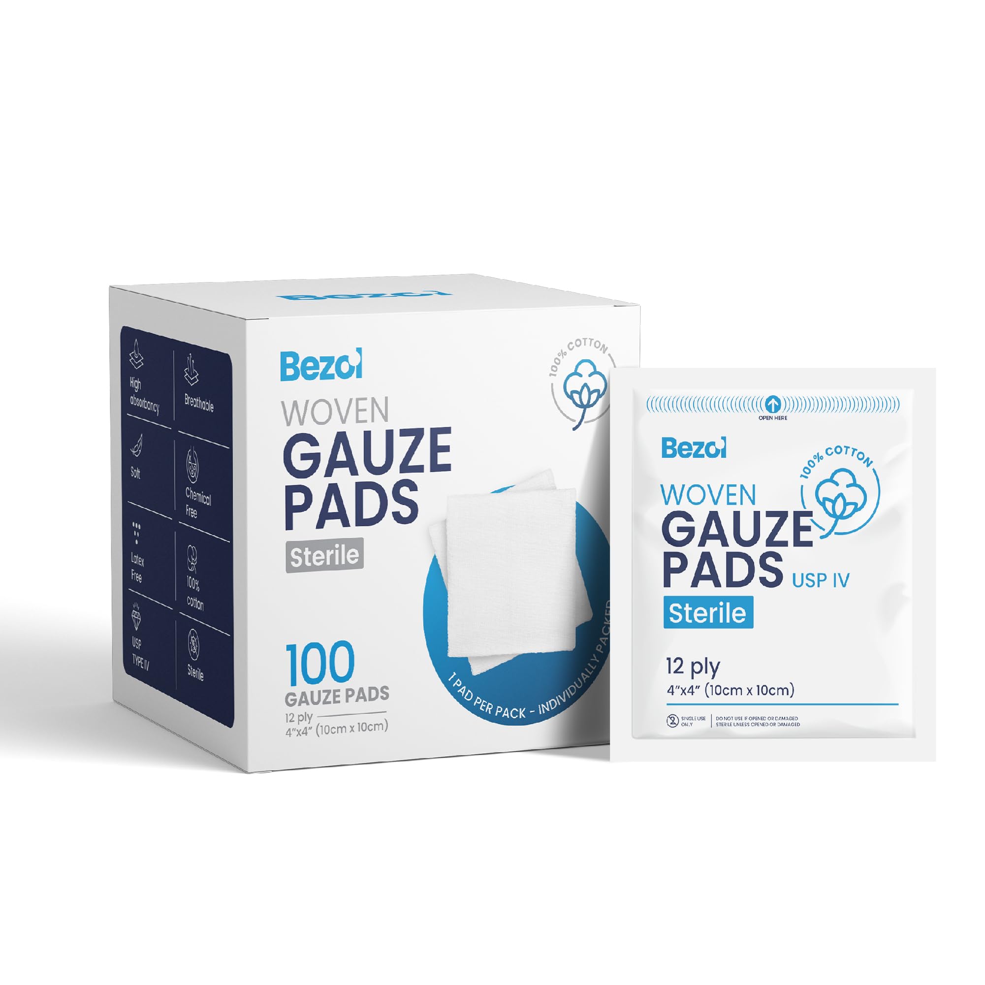 Amazon.com: BEZOL 100 Woven Large Sterile Gauze Pads 4x4 - Individually Packed 12-ply 4x4 Gauze ...