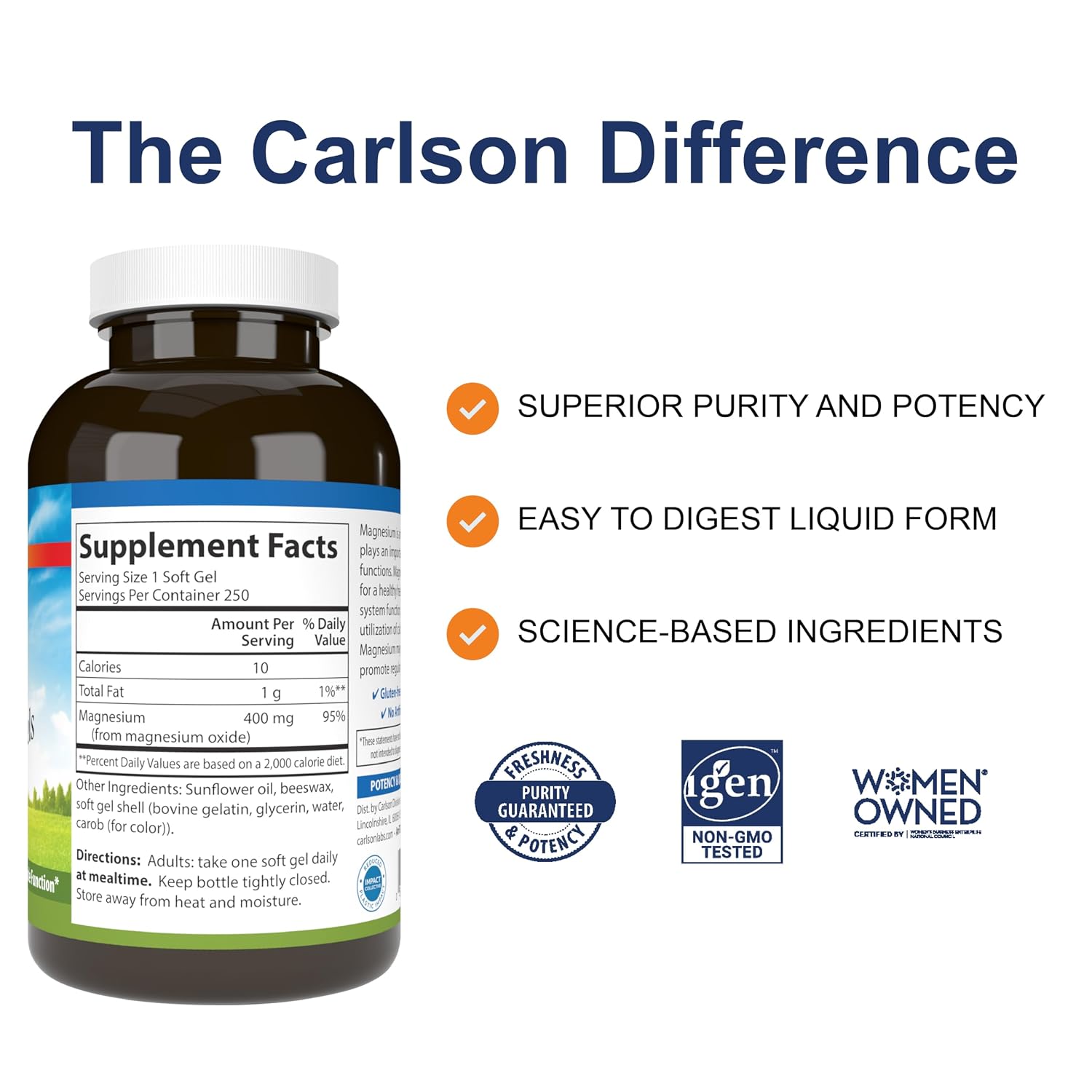 Carlson – Géis de Magnésio, 400 mg de Magnésio por Softgel, Suporte ao ...