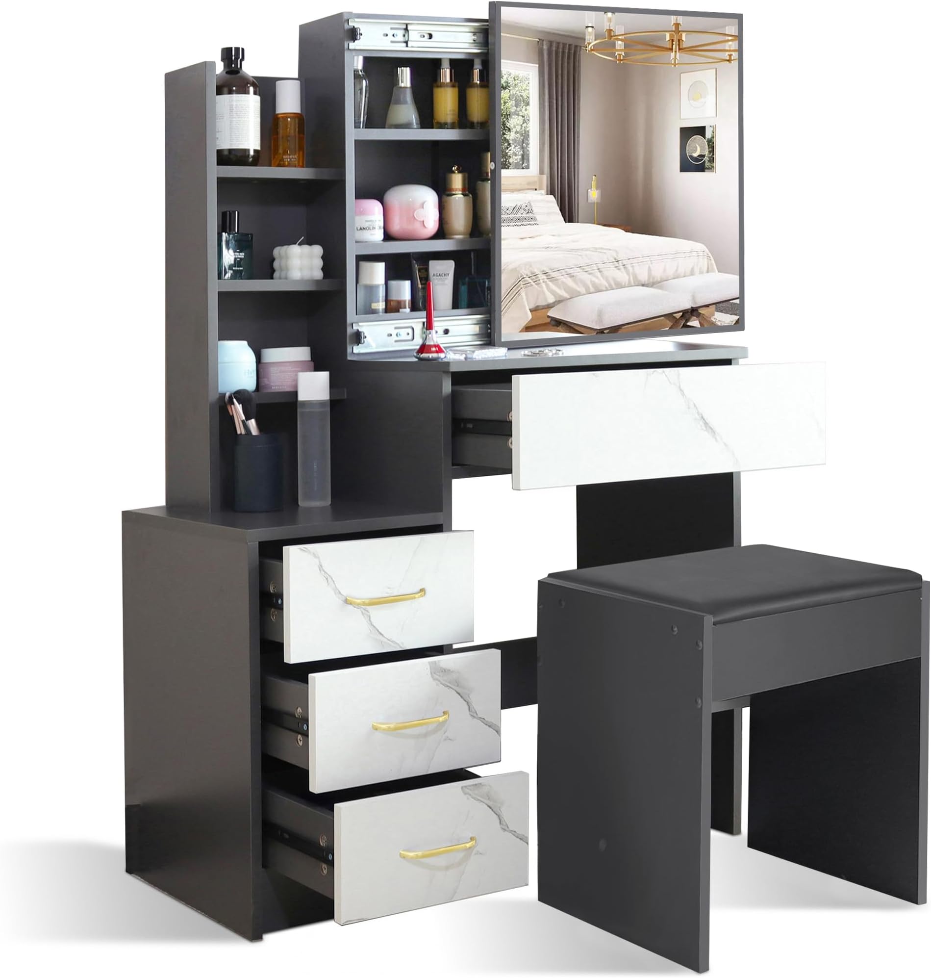 Blisswood Dressing Table With Mirror and Stool, 4 Drawer 3 Shelves ...