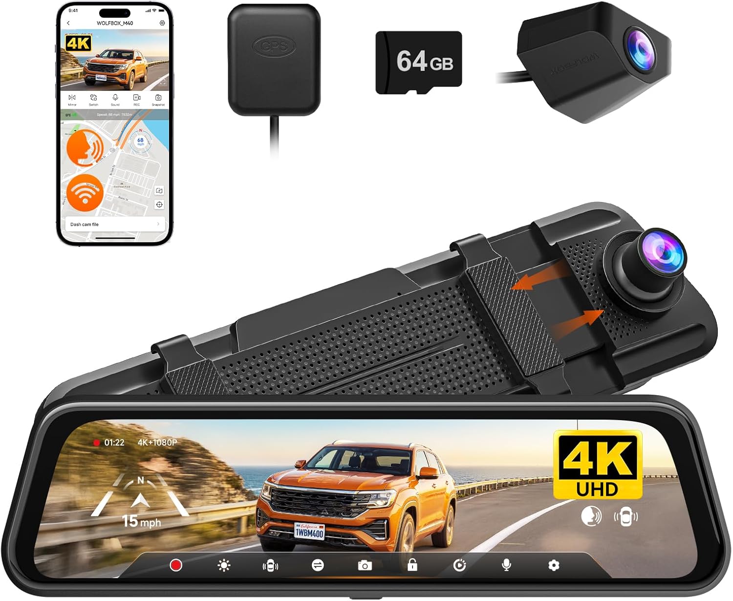 WOLFBOX M40 10'' Mirror Dash Cam, 4K+1080P Rear View Camera, Front and ...