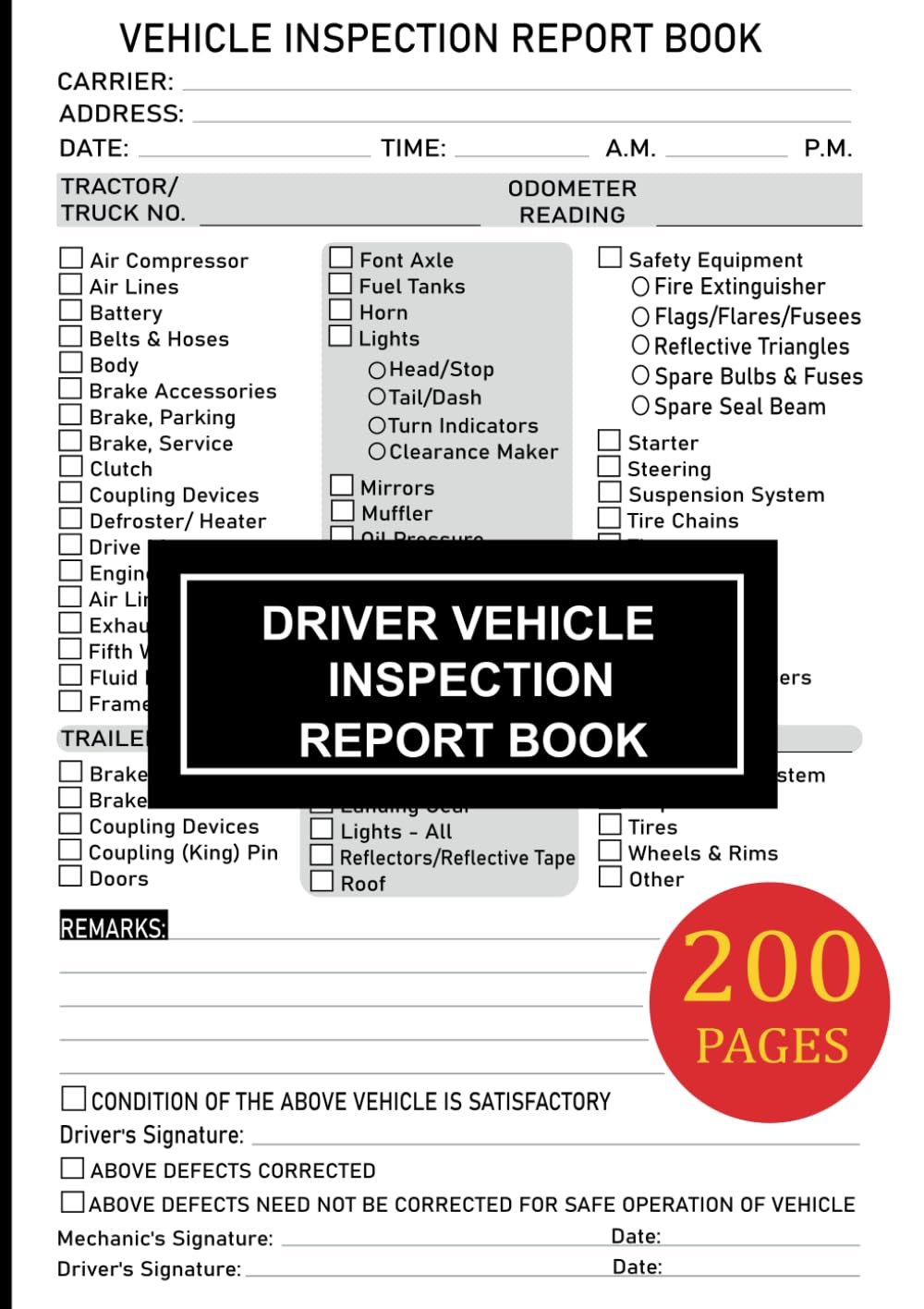 Driver Vehicle Inspection Report Book: Vehicle's Daily Inspection ...
