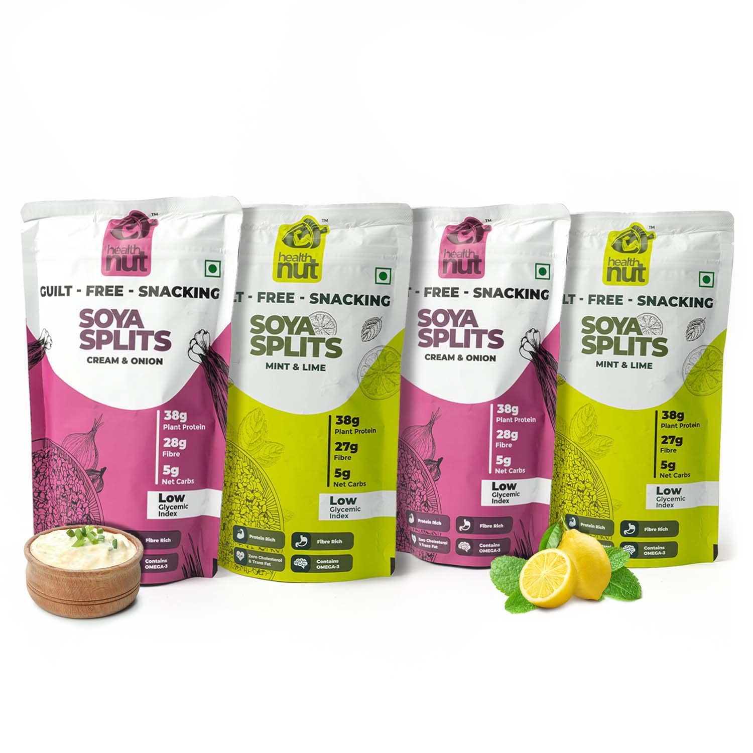 Health Nut Soya Splits Snack Packed in Cream & Onion and Mint & Lime ...