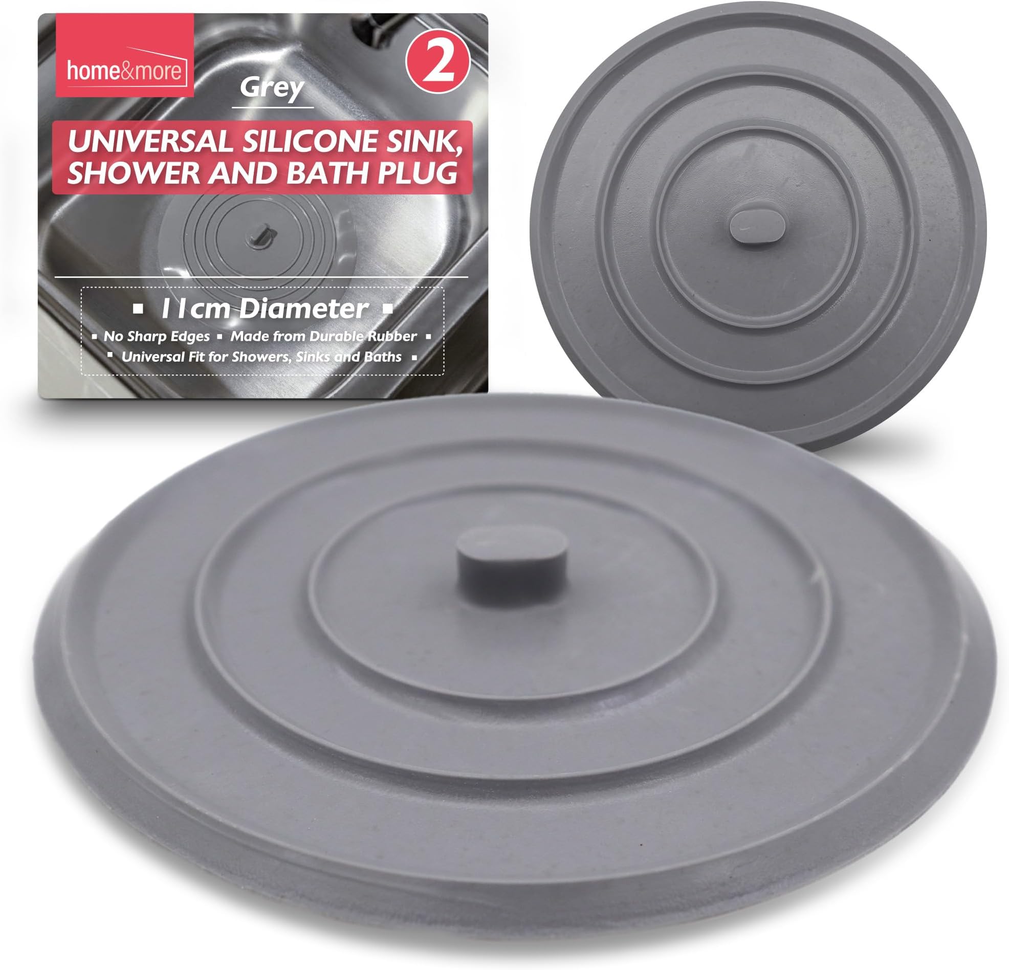 SOL 2pk Grey Universal Silicone Sink, Shower and Bath Plugs, 11cm ...
