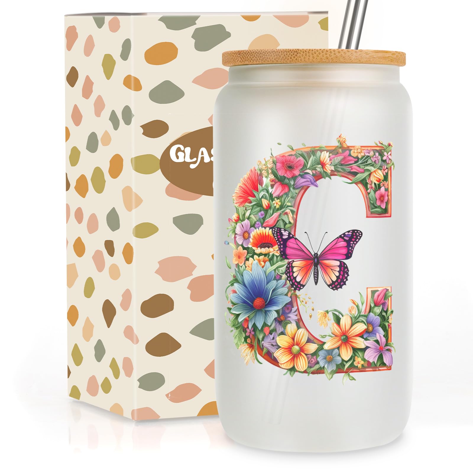 Amazon.com: GSPY 16 oz Initial Glass Cups with Lids and Straws ...