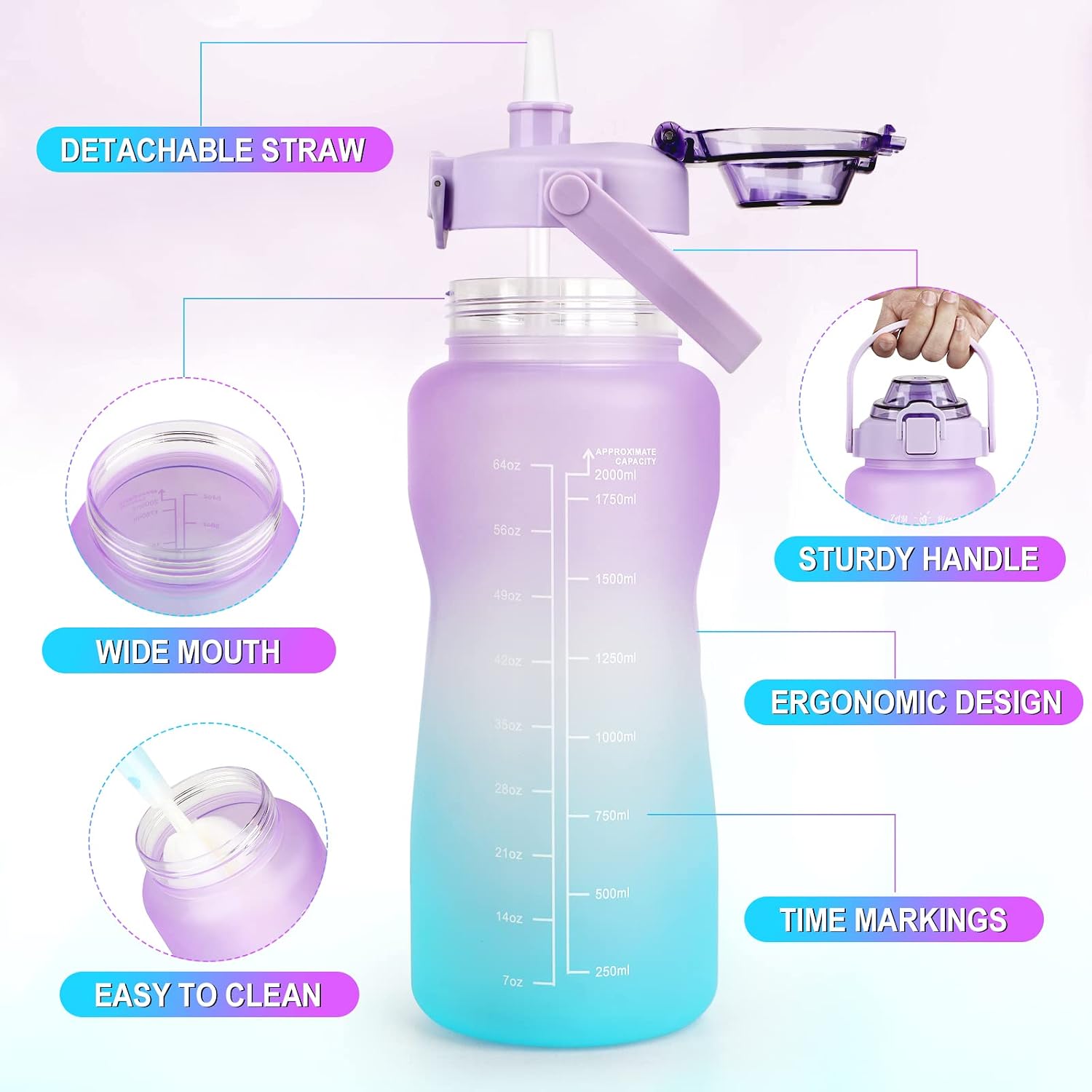 2 Litre Water Bottle with Straw , Motivational Sports Water Bottle with ...