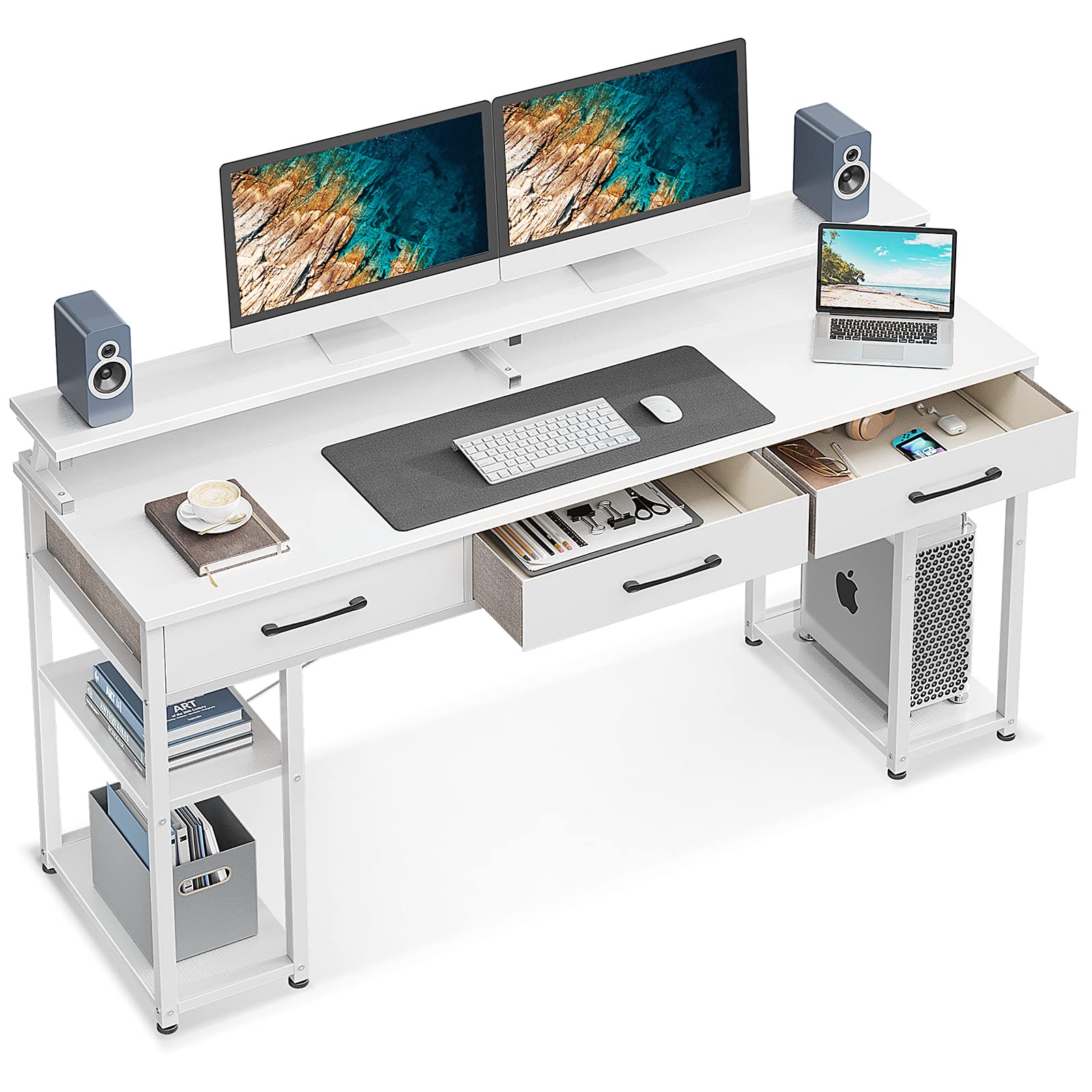 ODK Computer Desk with Drawers and Storage Shelves, 63 inch Home Office ...