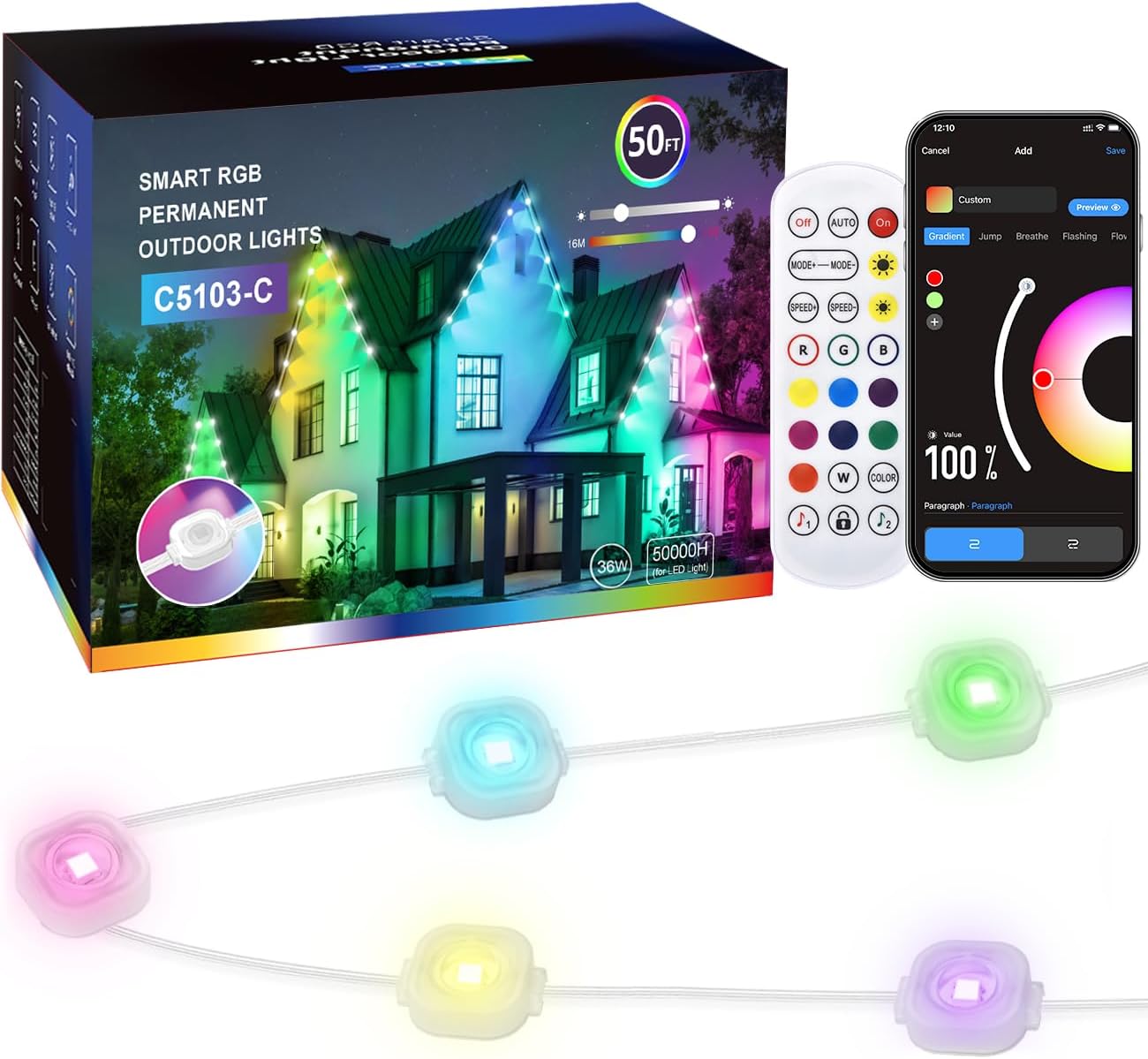 wowlite Permanent Christmas Lights Outdoor, 50FT Smart RGB Outdoor ...