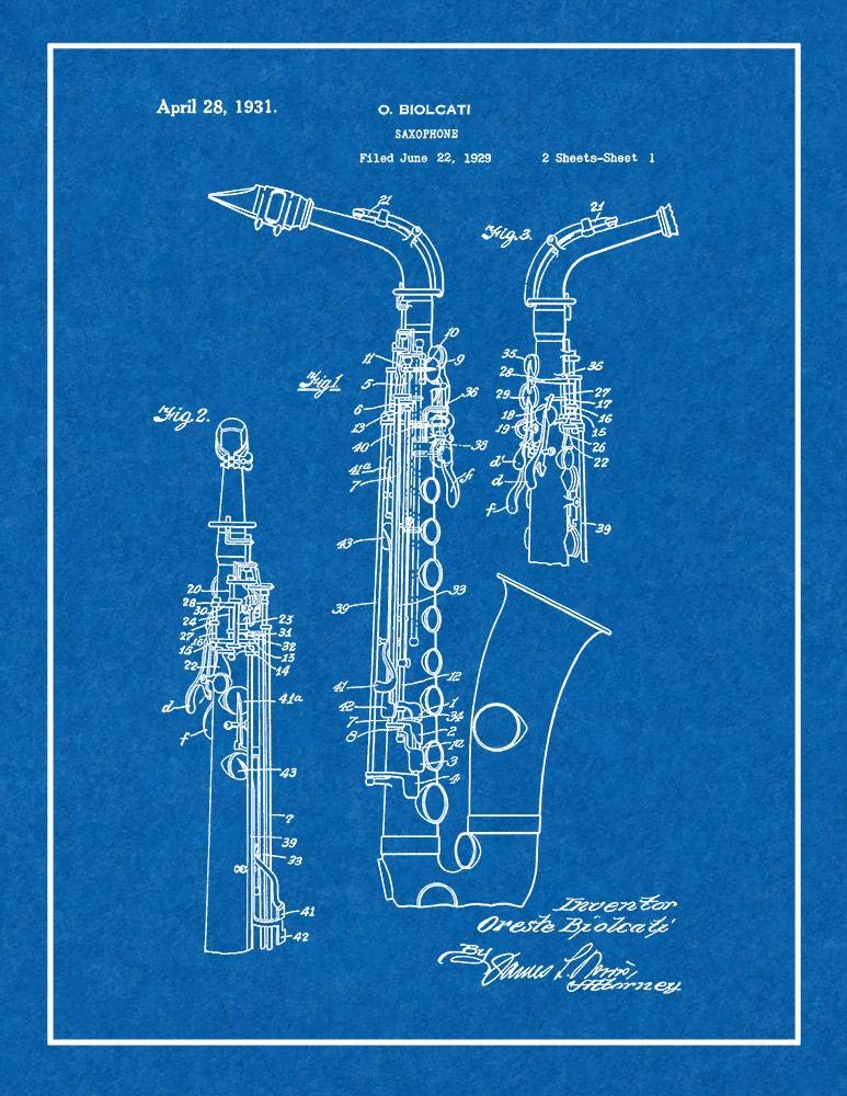 Amazon.com - Saxophone Patent Print Blueprint with Border (5" x 7") M12398