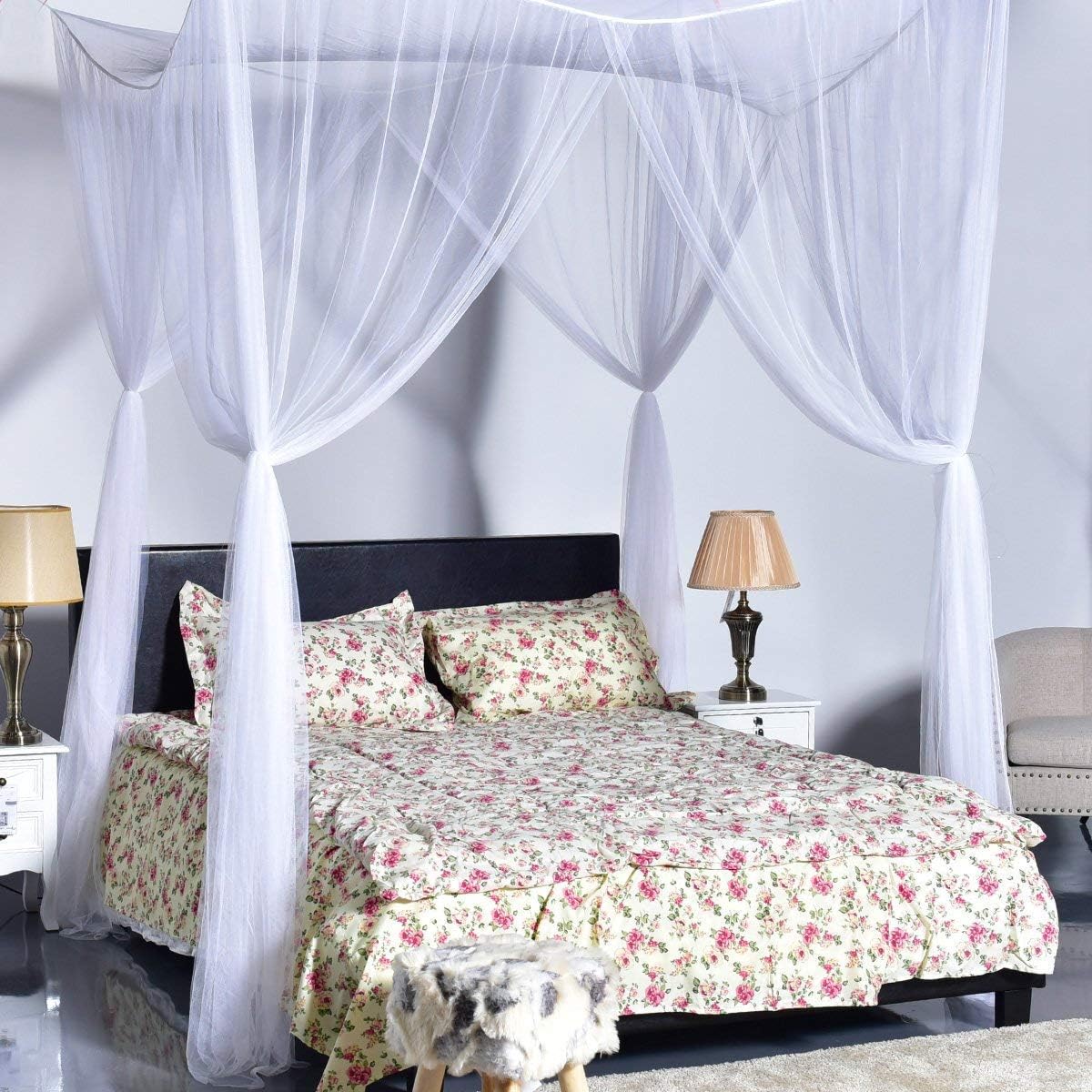 Amazon.com: GOFLAME Bed Canopy Mosquito Net 4 Corners Post Easy ...