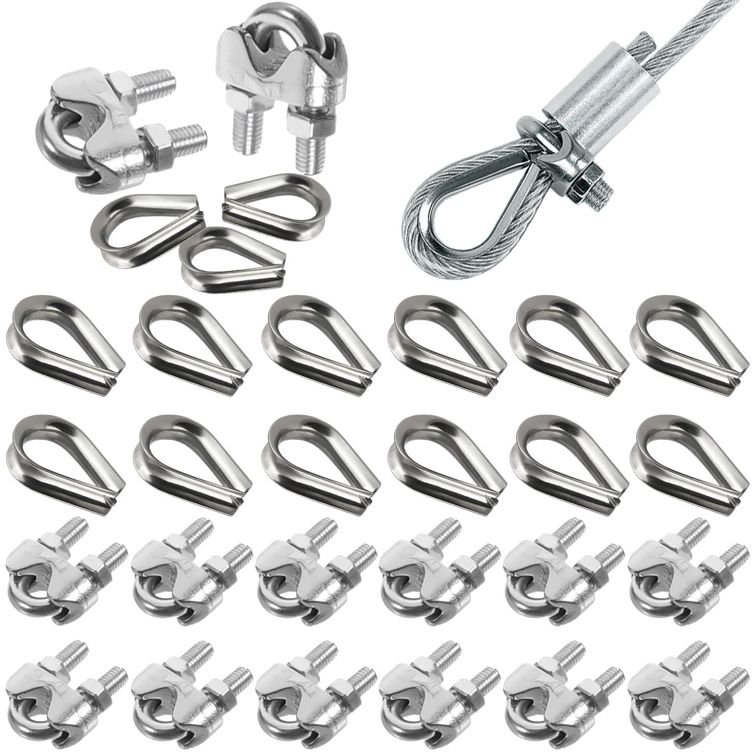 JVBAJV 24 Pieces Wire Rope Clamp Set, 12pcs Cable Clamps 5mm+12pcs Wire ...