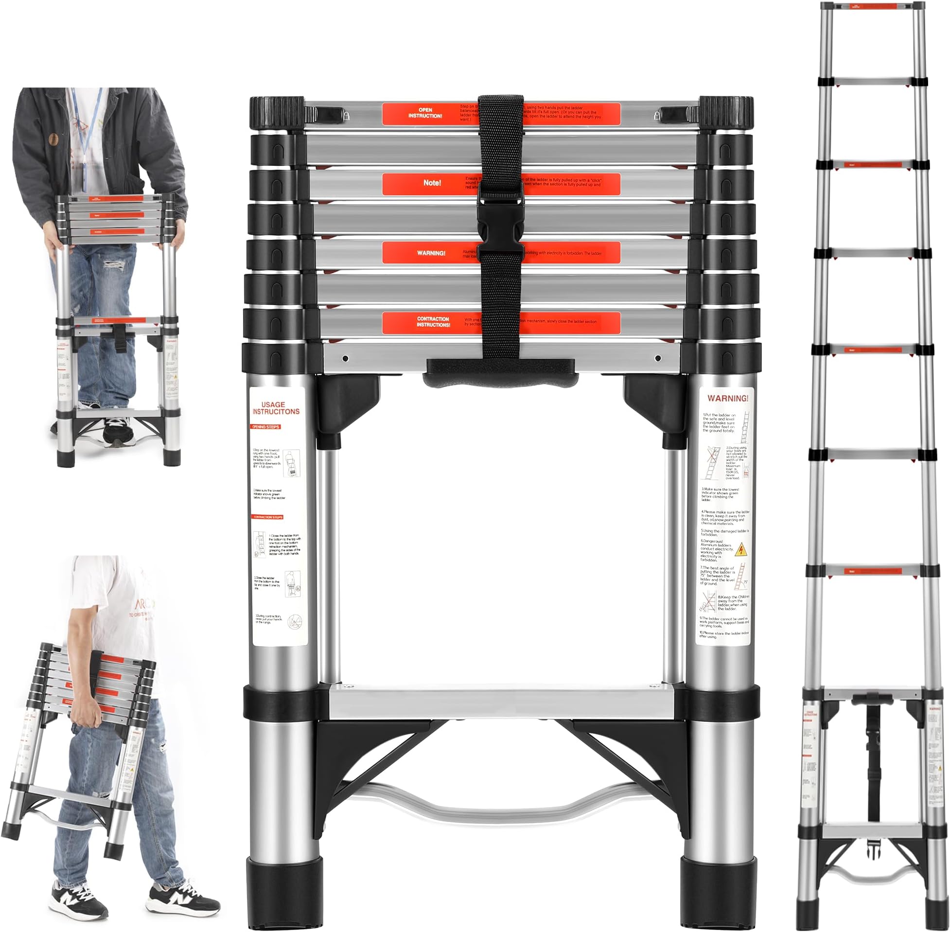 Rengue Telescoping Ladder,12.5 FT One Button Retraction Aluminum ...