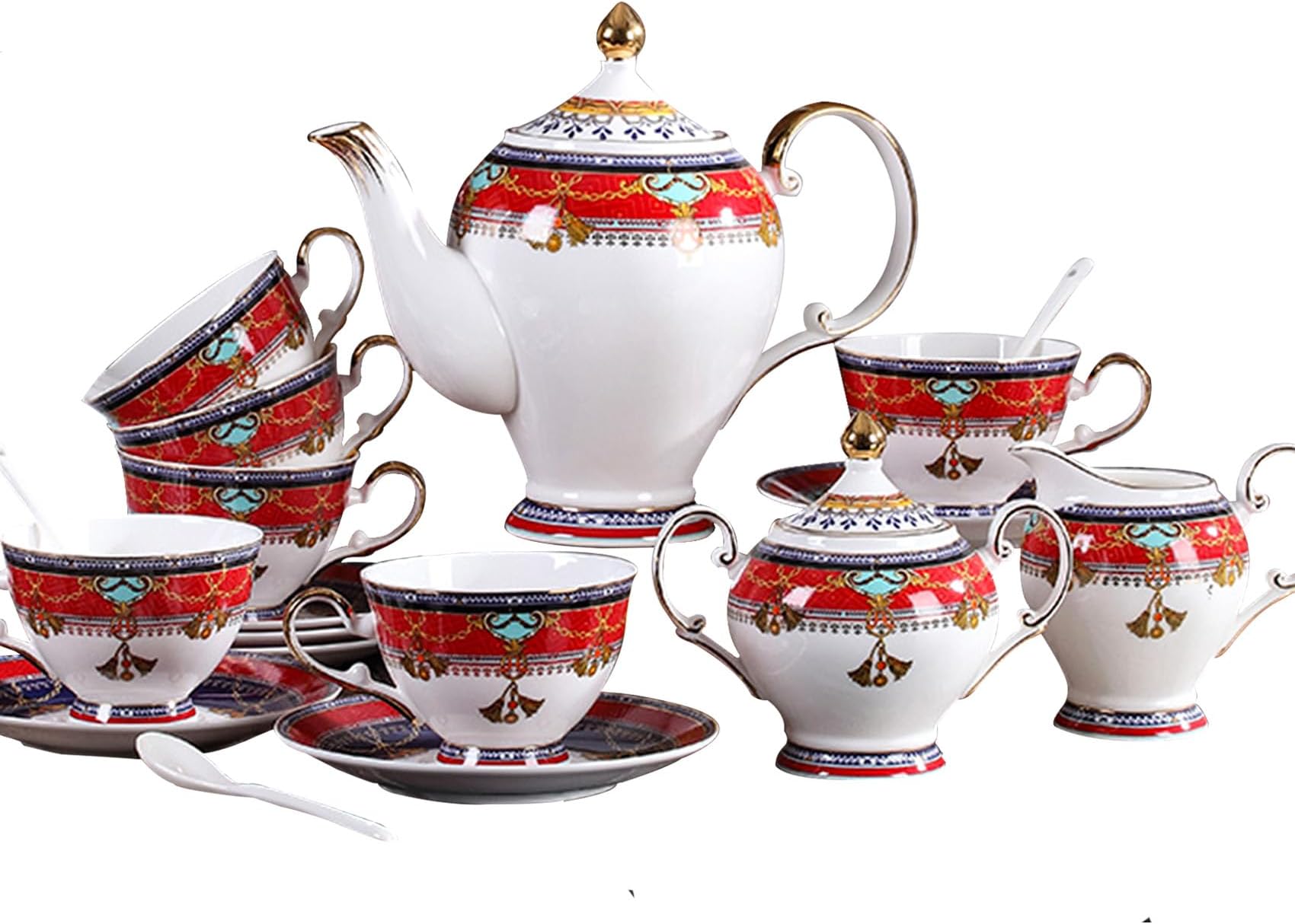 Amazon.com | ACMLIFE Bone China Tea Set for Adults - 21-Piece Blue and ...