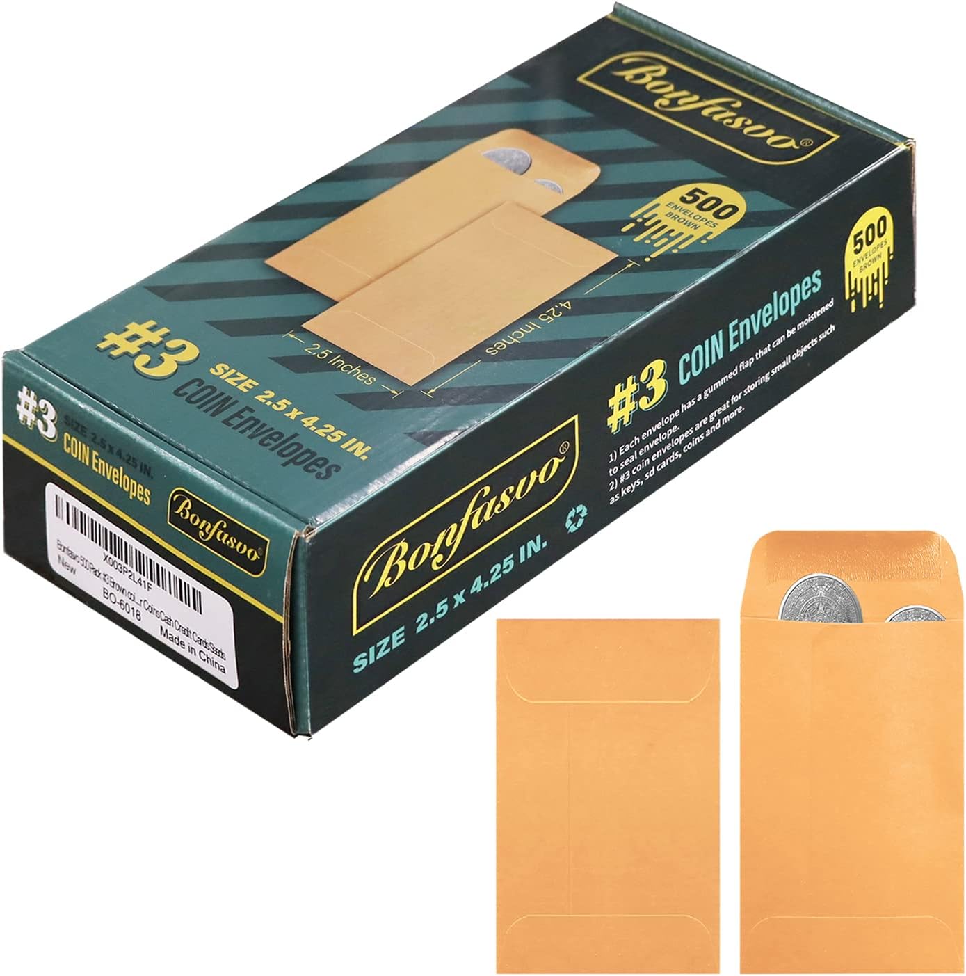 Amazon.com : Bonfasvo 500 Pack #3 Brown coin envelope 2.5 x 4.25 inches ...
