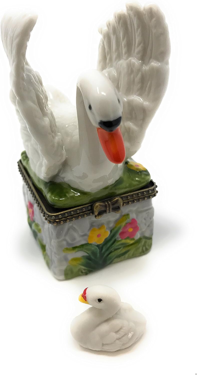 Amazon.com: Swan on Porcelain Hinged Lid Trinket Box with Tiny Swan ...