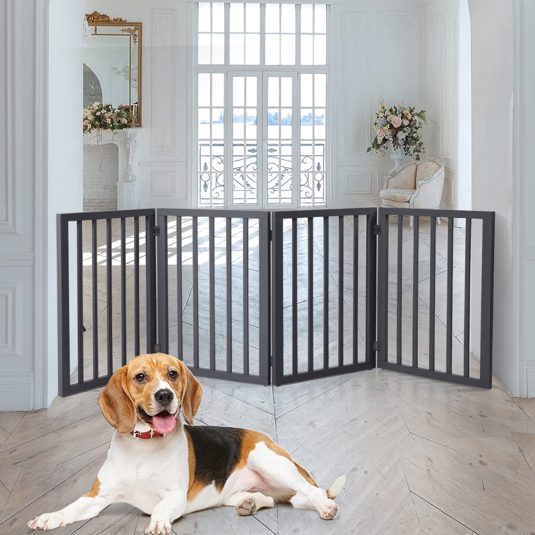 PaWz Portable Door Retractable Barrier 4 Panel Wooden Pet Fence, Grey ...