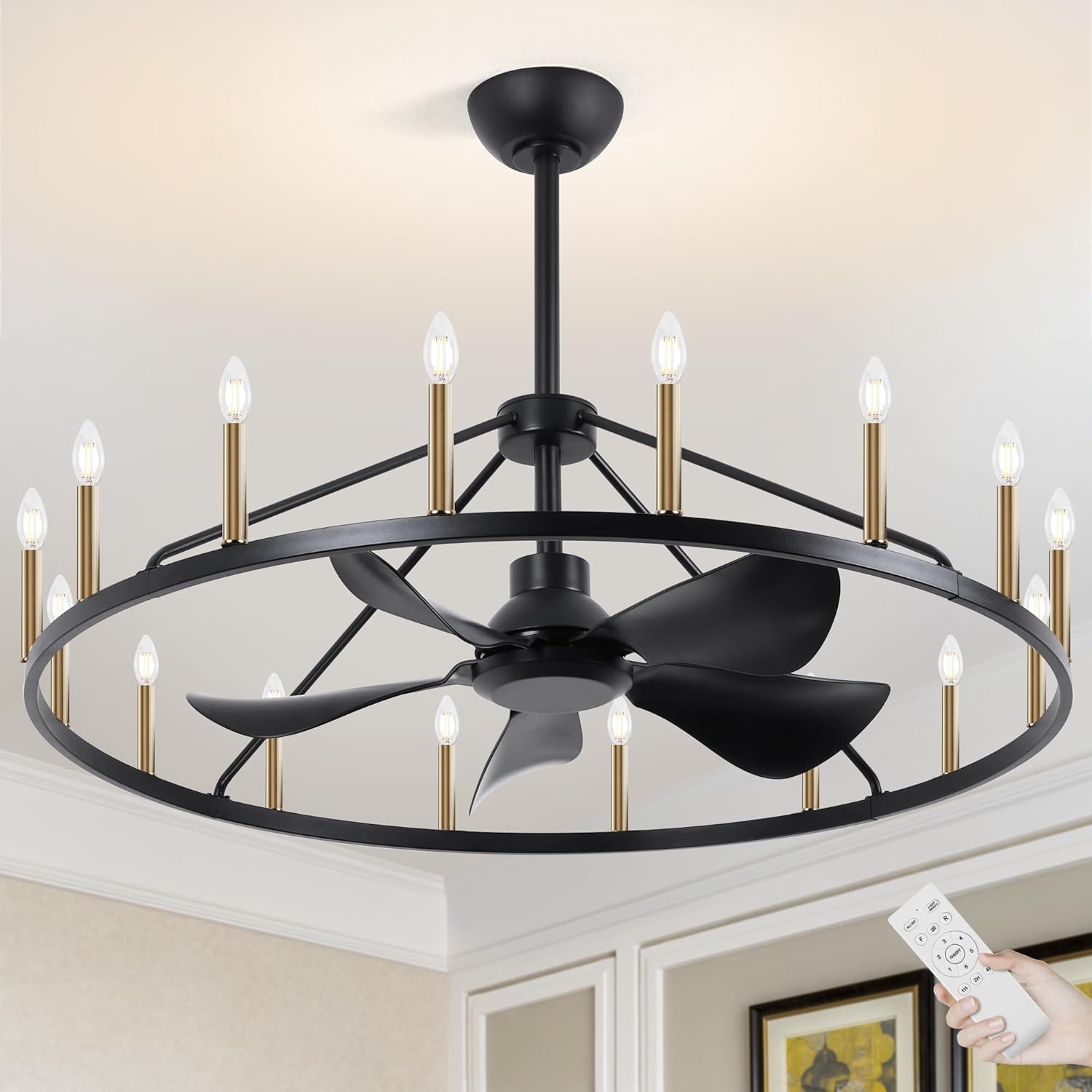PAZALA 44 inch Wagon Wheel Fandelier with Fan, 16-Lights Round Rustic ...