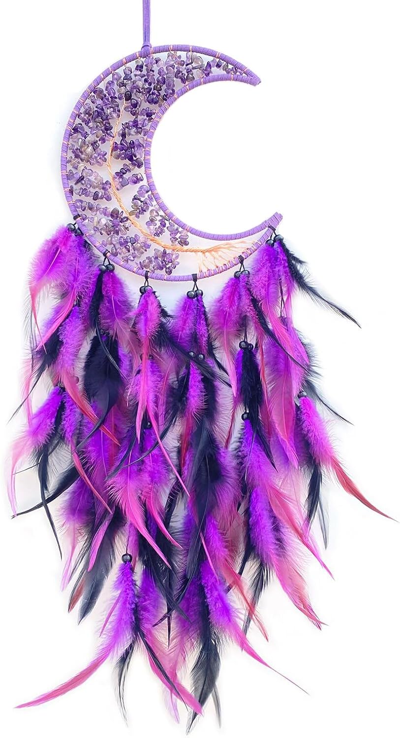 RAGKUU Purple and Black Moon Dream Catcher Wall Decor Crystal Tree of ...