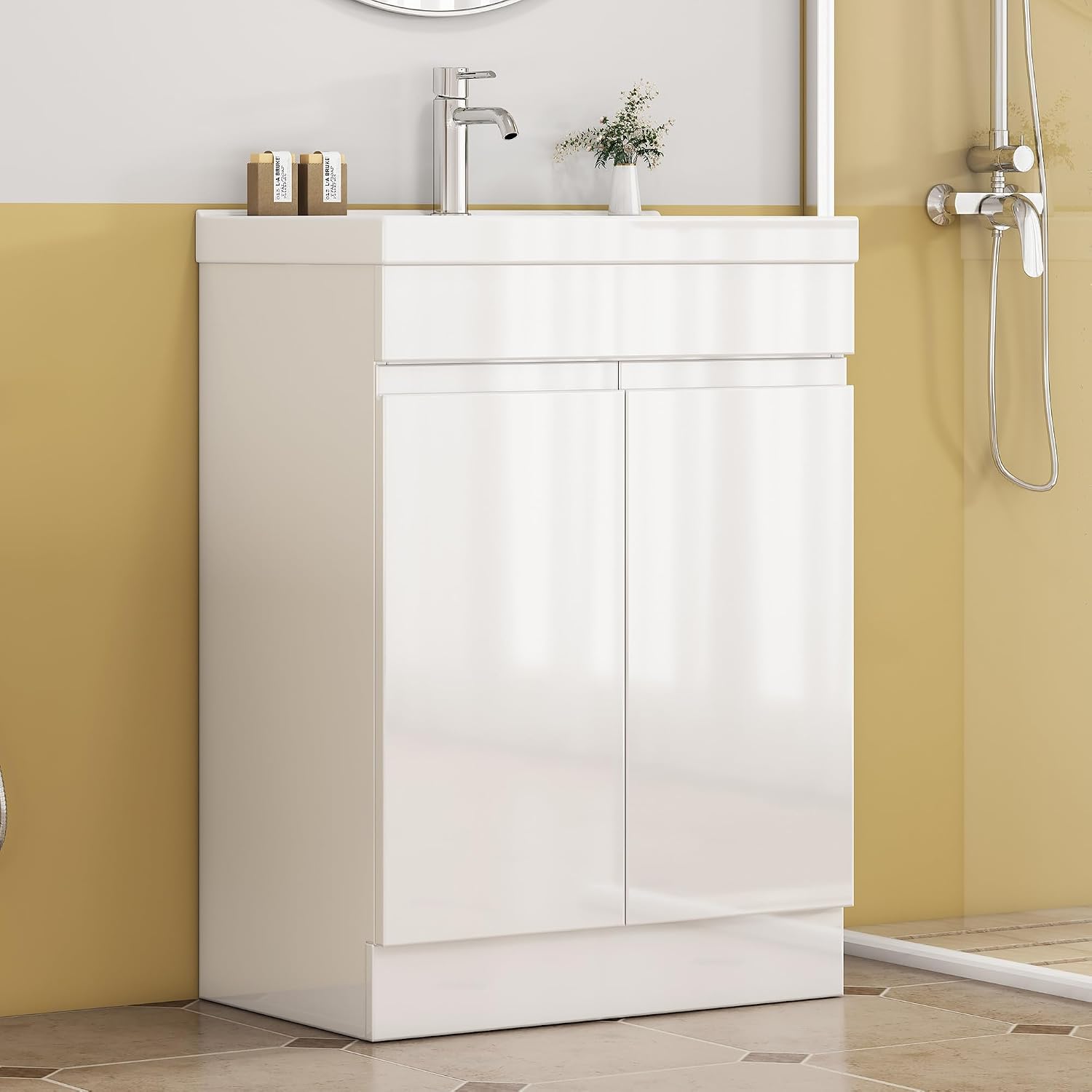 Kebuz House 24" Freestanding Bathroom Vanity with Sink, High Gloss ...