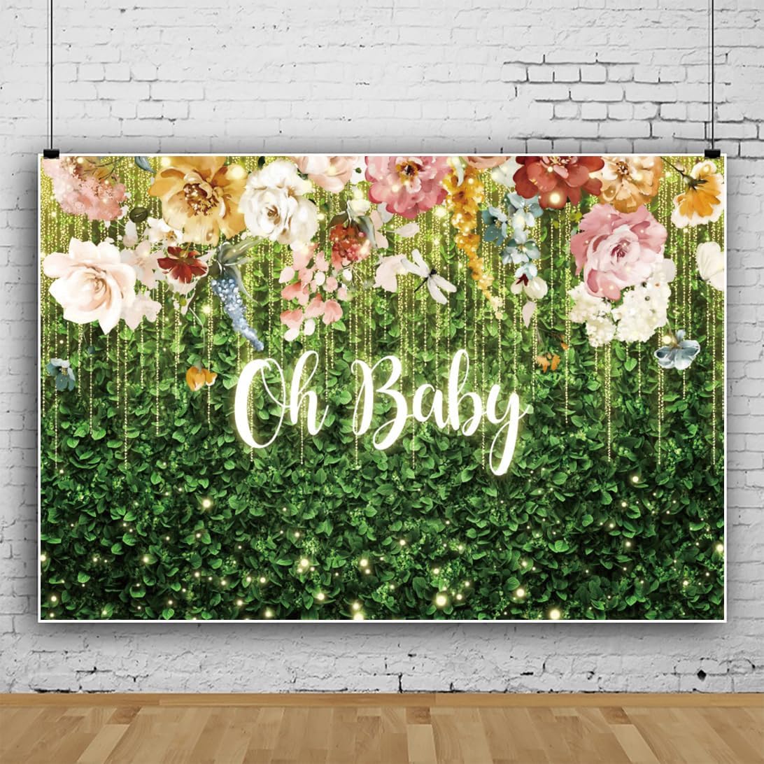 12x6ft Vinyl Oh Baby Green Leaf Backdrop Greenery with Nature Flowers ...