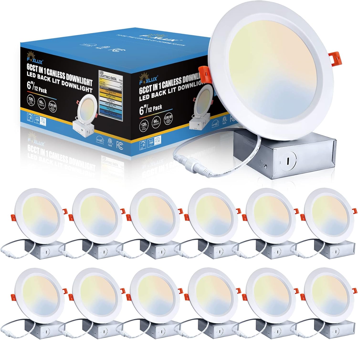 FOXLUX 12 Pack 6 Inch 6CCT LED Recessed Lighting with J-Box, 12W ...