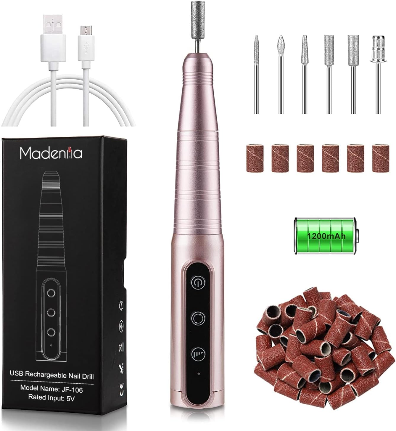 Madenia Rechargeable Electric Nail File with 3 Speed Adjustment, 30000 ...