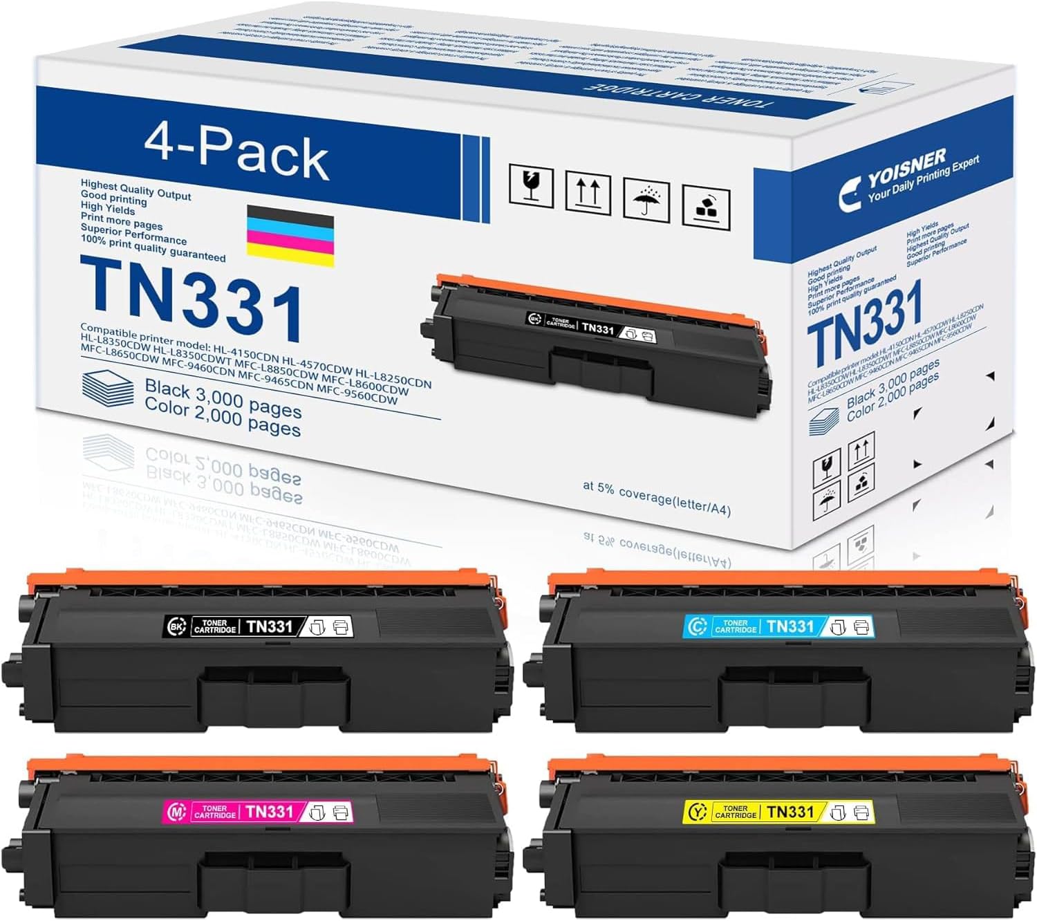 TN331 TN-331 Toner Cartridges 4 Pack: Replacement for Brother TN331BK ...