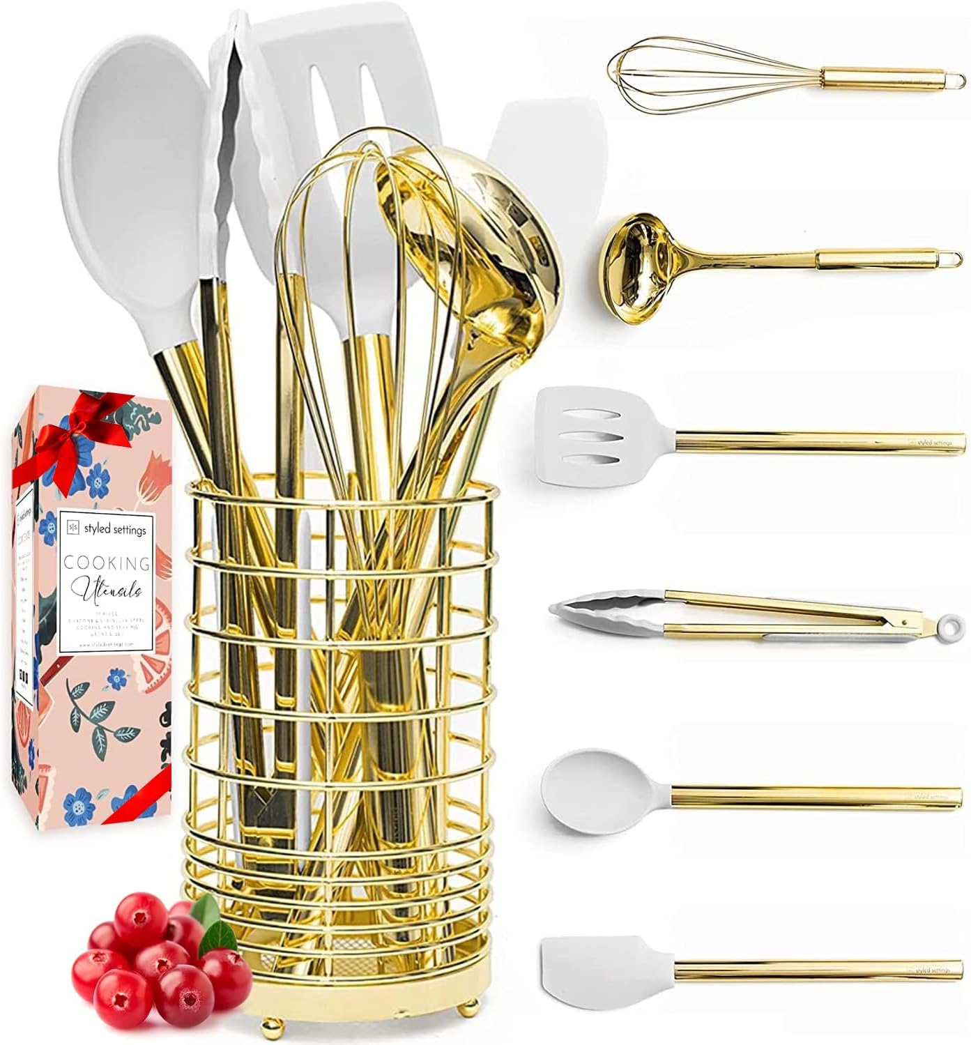 White Silicone and Gold Cooking Utensils Set with Holder- 7 PC Gold ...